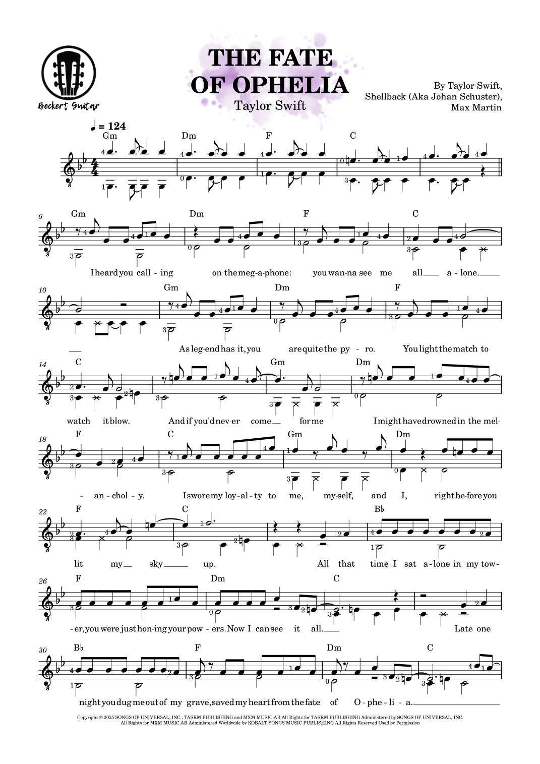 The Fate Of Ophelia (arr. Beckert Guitar) by Taylor Swift Sheet Music ...