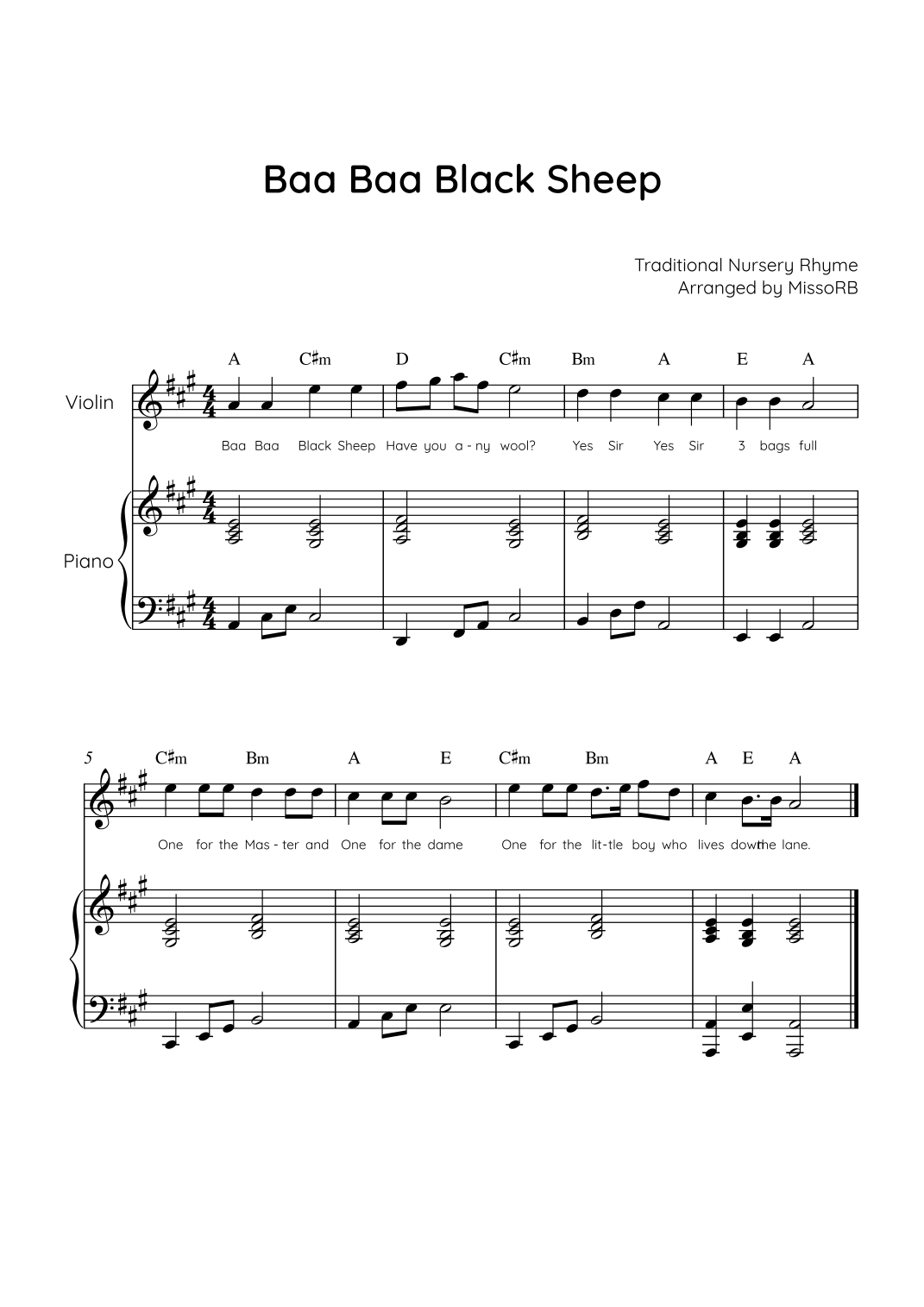 Baa Baa Black Sheep - Violin & Piano in A With Chords & Lyric - Easy ...