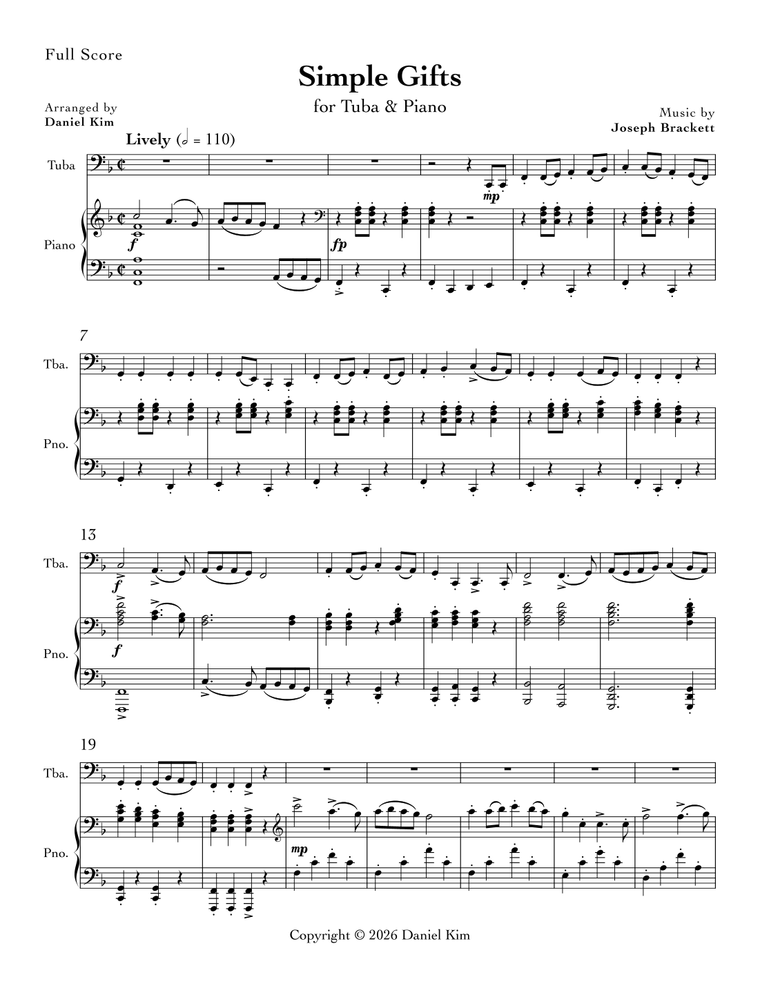 Simple Gifts (Tuba & Piano) (arr. Daniel Kim) par Joseph Brackett ...