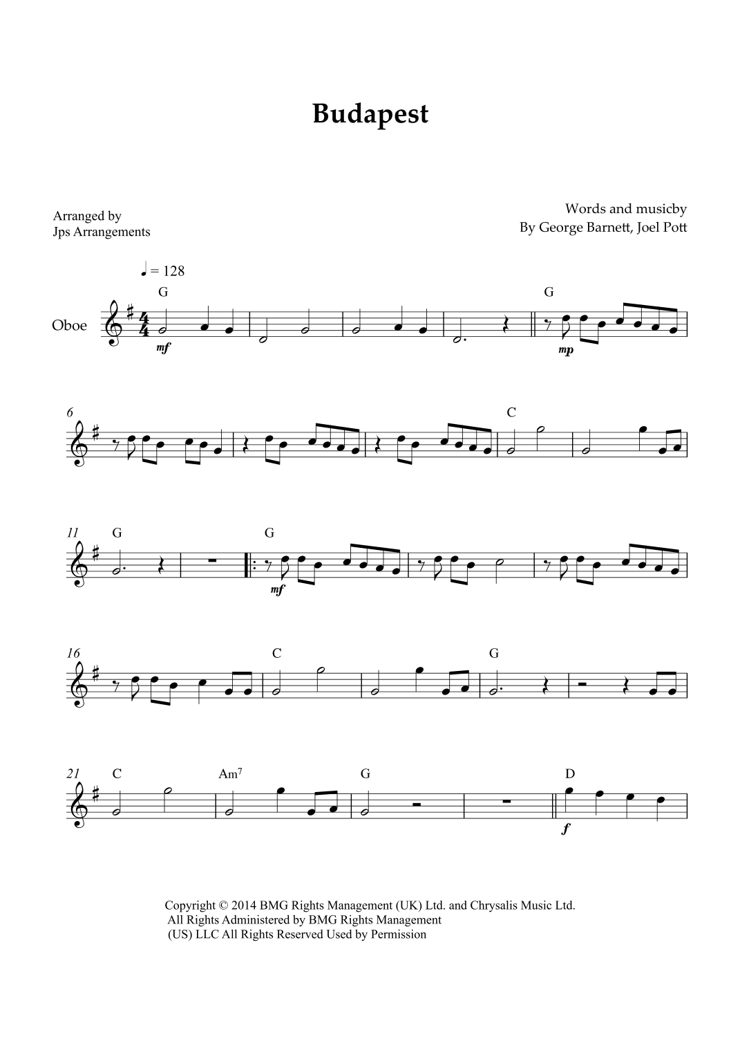 Budapest (arr. Jps Arrangements) Sheet Music | George Ezra | Oboe Solo