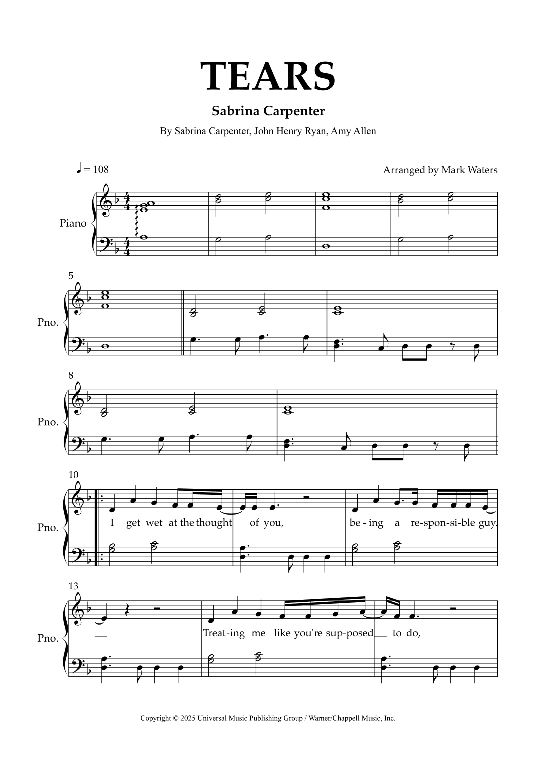 Tears (arr. Mark Waters) by Sabrina Carpenter Sheet Music for Easy ...