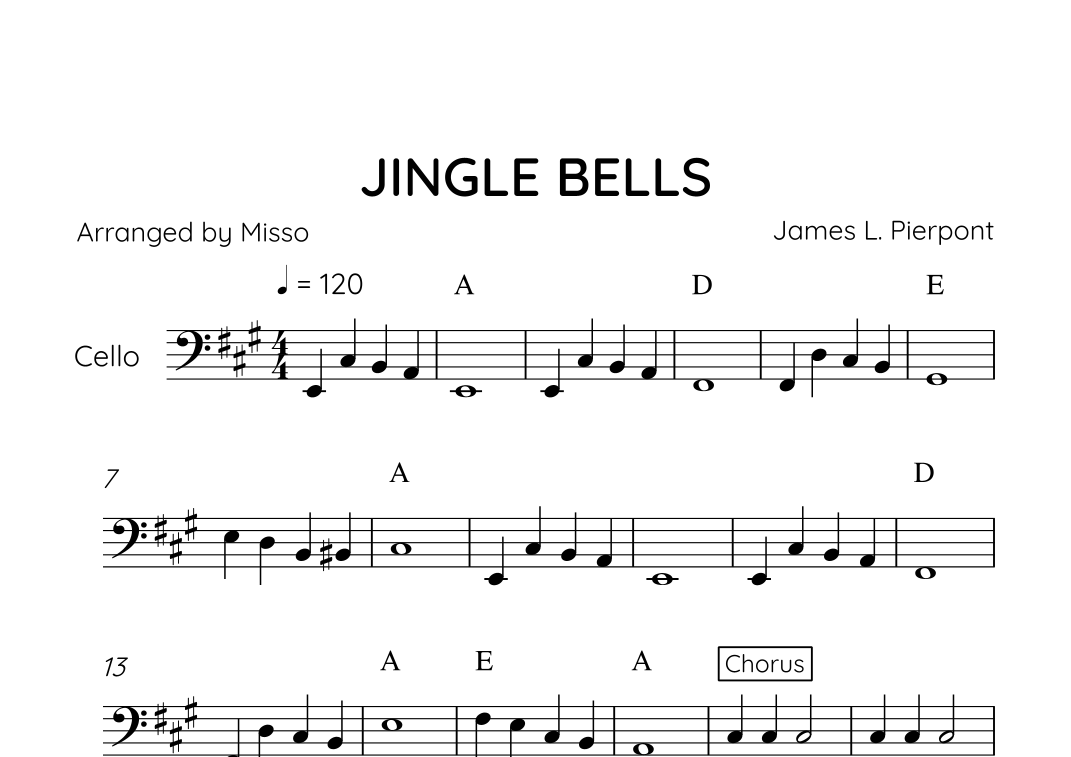 Jingle Bells - Cello in A Major - Beginner With Chords (arr. MissoRB) by James L. Pierpont Sheet ...
