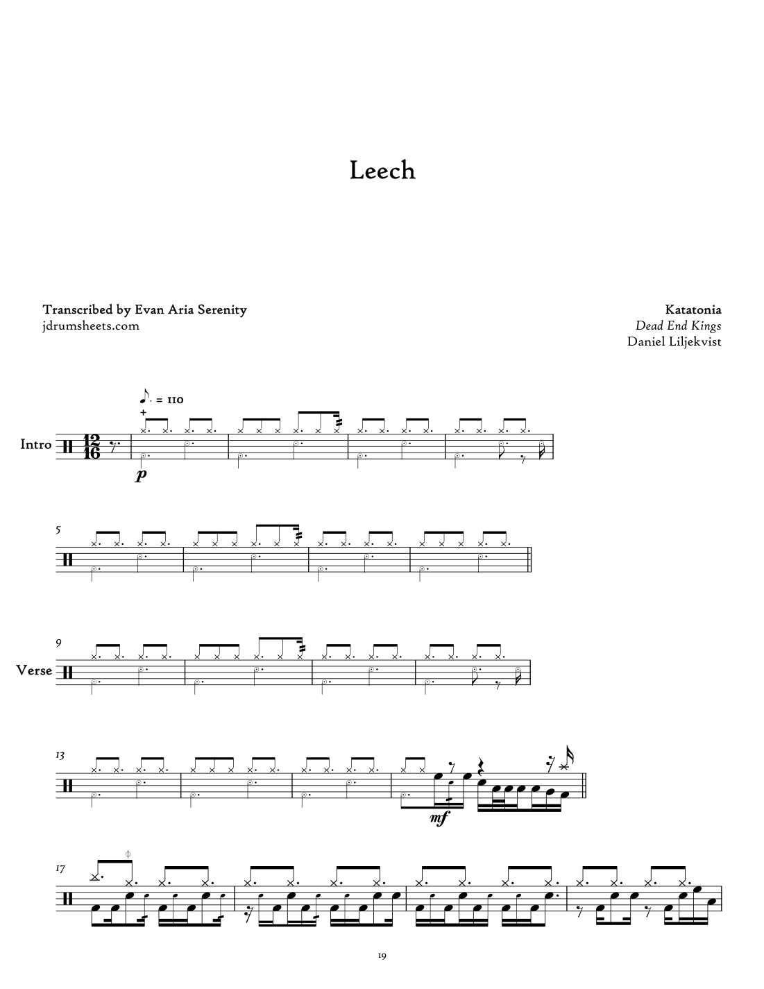 Leech (arr. Evan Aria Serenity) by Katatonia Sheet Music for Drums at ...