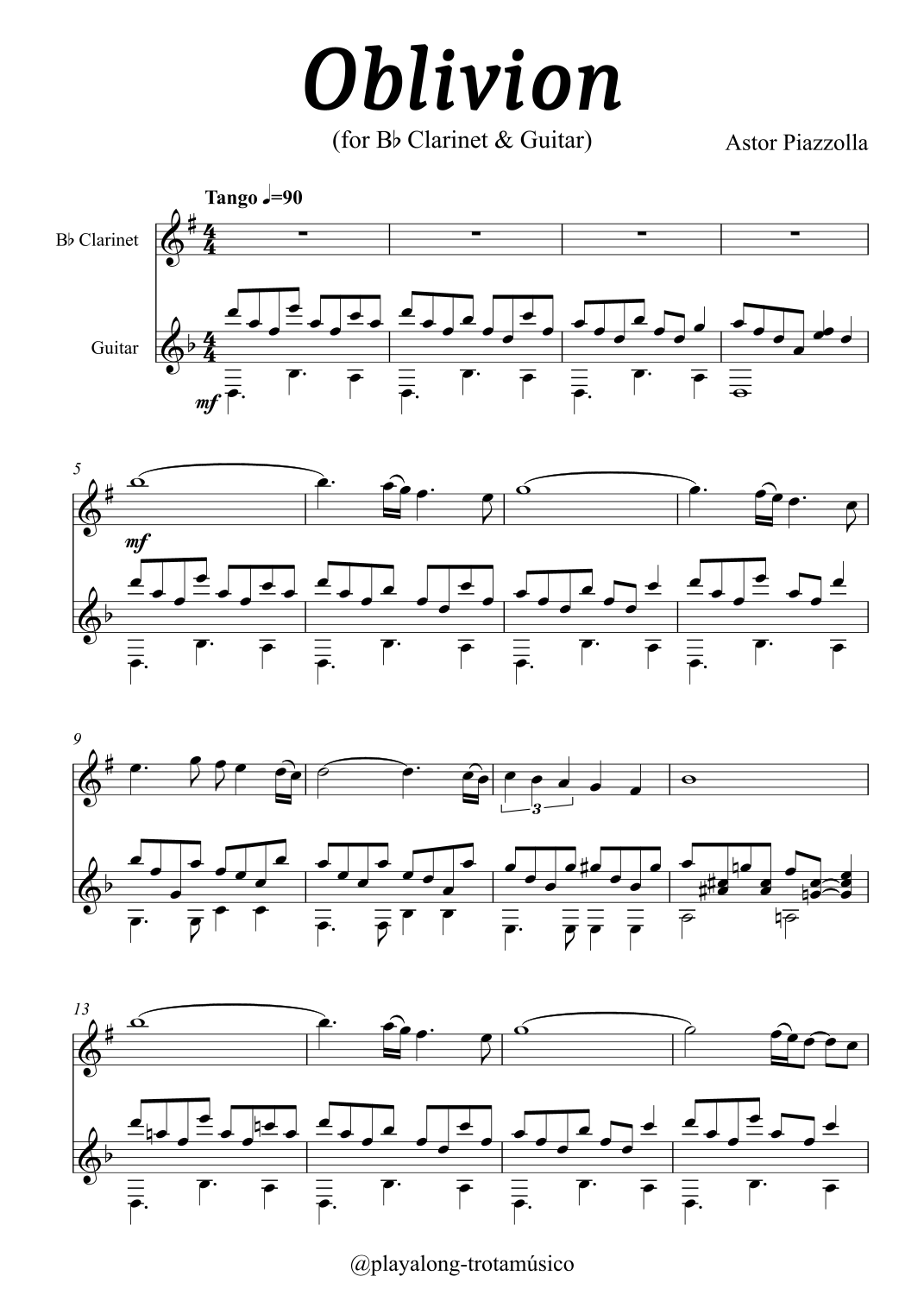 Oblivion Clarinet & Guitar (arr. playalong-trotamúsico) by Astor ...