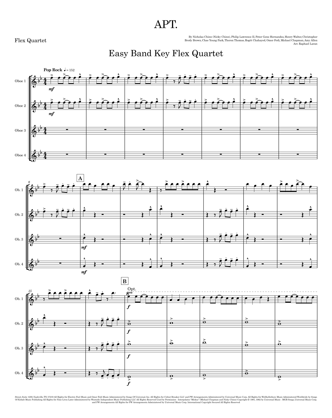 Apt. (arr. Raphael Laran) by Rosé & Bruno Mars Sheet Music for ...