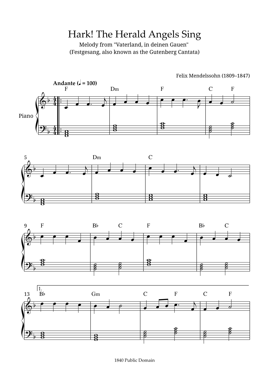 Hark! The Herald Angels Sing – Early Intermediate Piano (F major, with ...