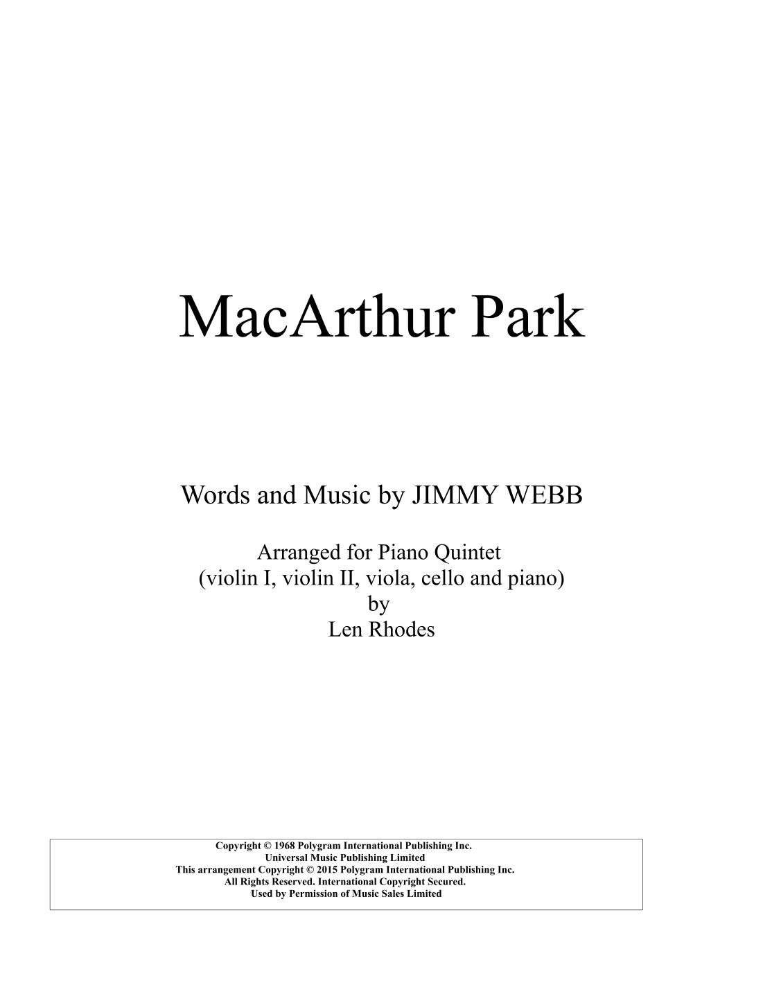 Macarthur Park (arr. Len Rhodes) by Richard Harris Sheet Music for ...