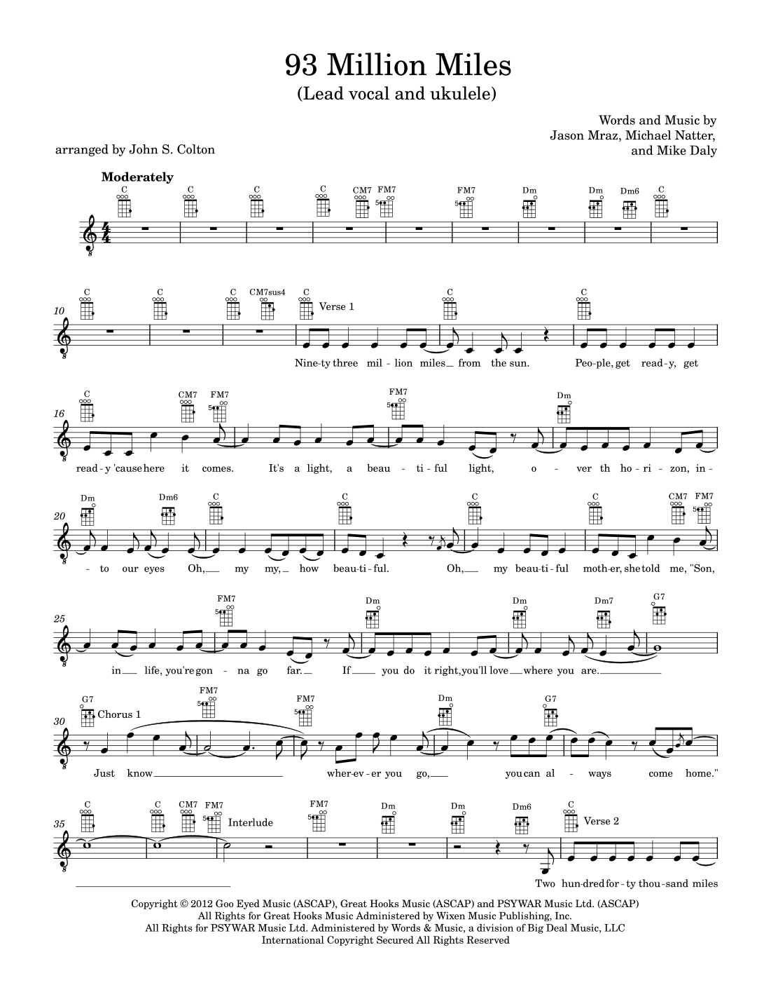 93 Million Miles (arr. John S. Colton) by Jason Mraz Sheet Music for ...