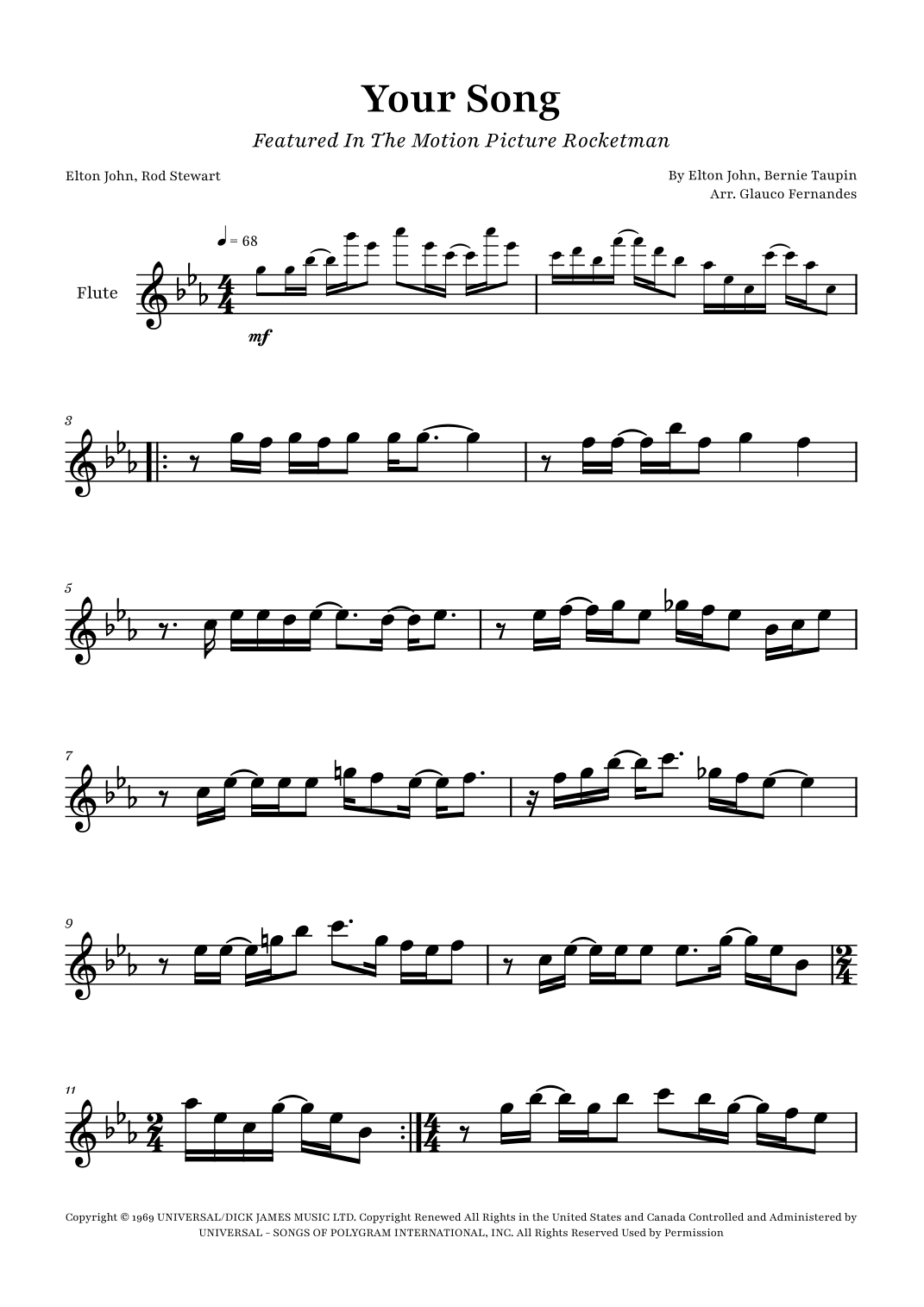 Your Song (arr. Glauco Fernandes) by Elton John Sheet Music for Flute ...