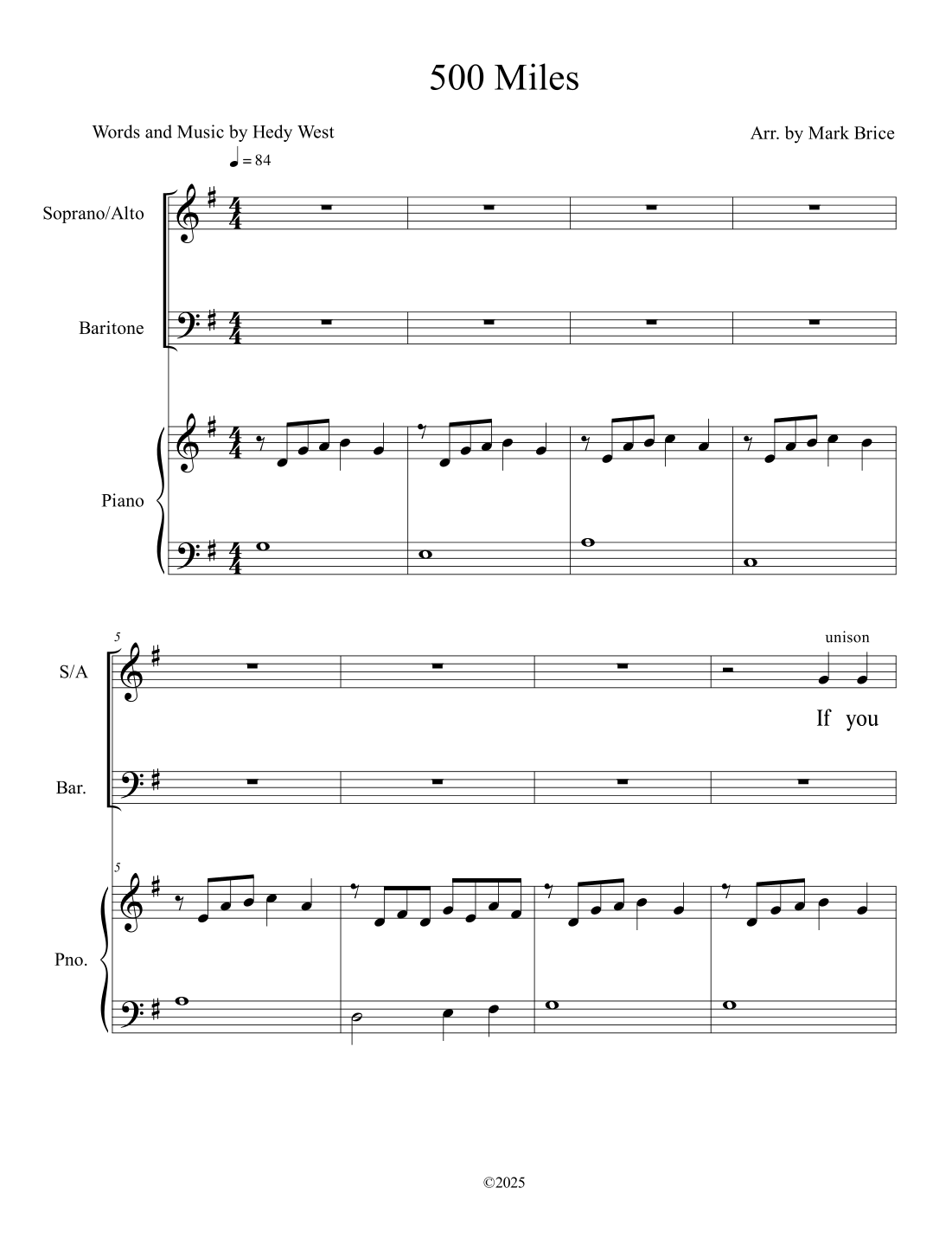 Five Hundred Miles (arr. Mark Brice) by Ray Dorset Sheet Music for ...