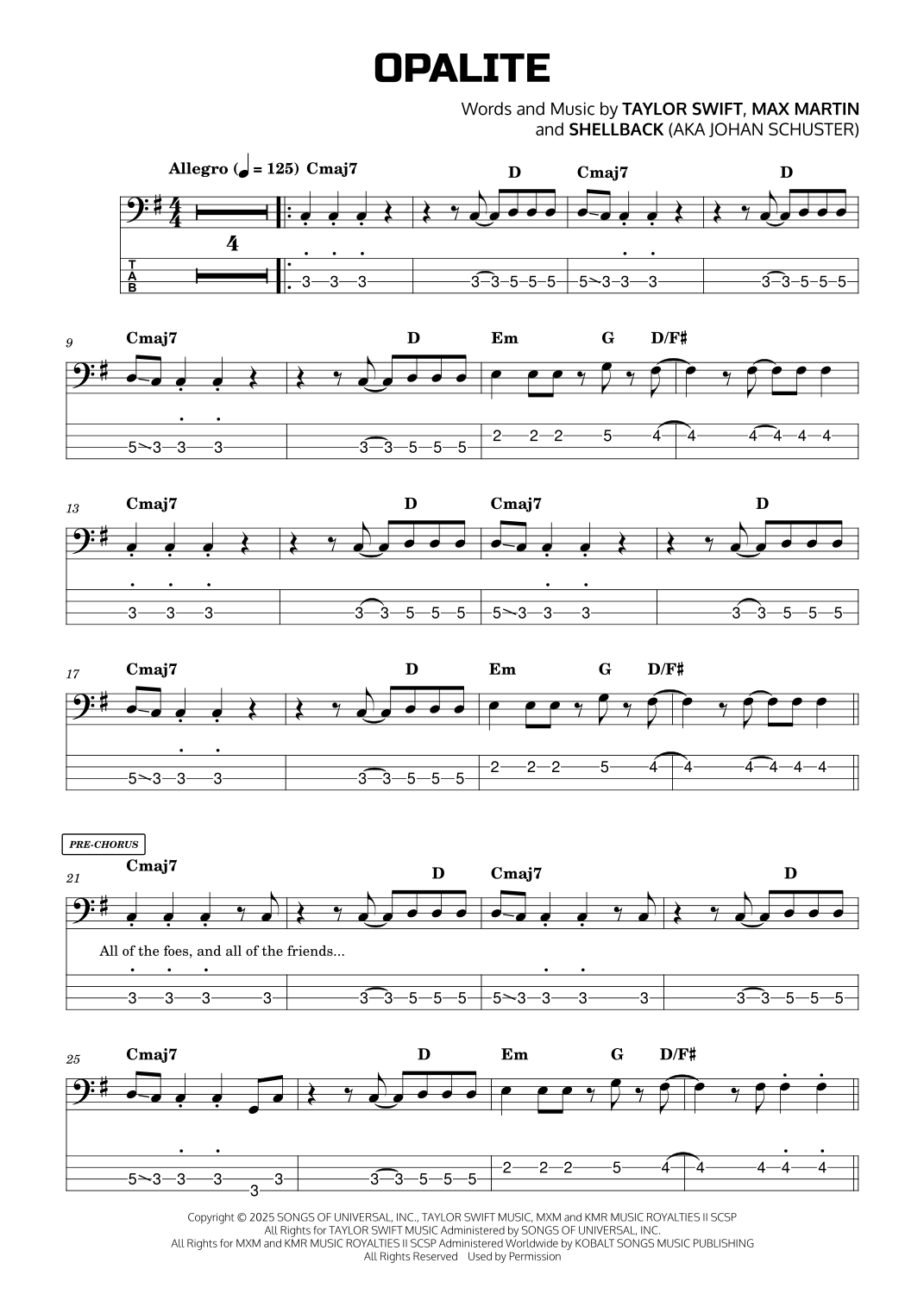 Opalite (arr. Guilherme Correa) by Taylor Swift Sheet Music for Bass ...