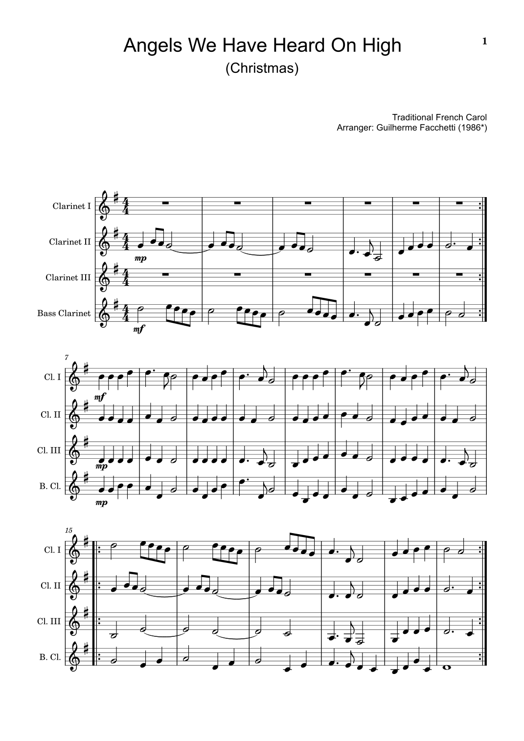 Angels We Have Heard On High - Clarinet Quartet. Score and Parts. (arr ...