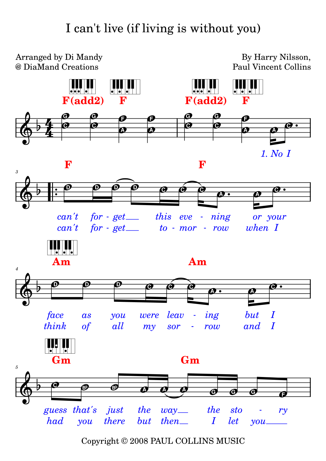 Without You (arr. Dianne Mandy) by Harry Nilsson Sheet Music for Lead ...