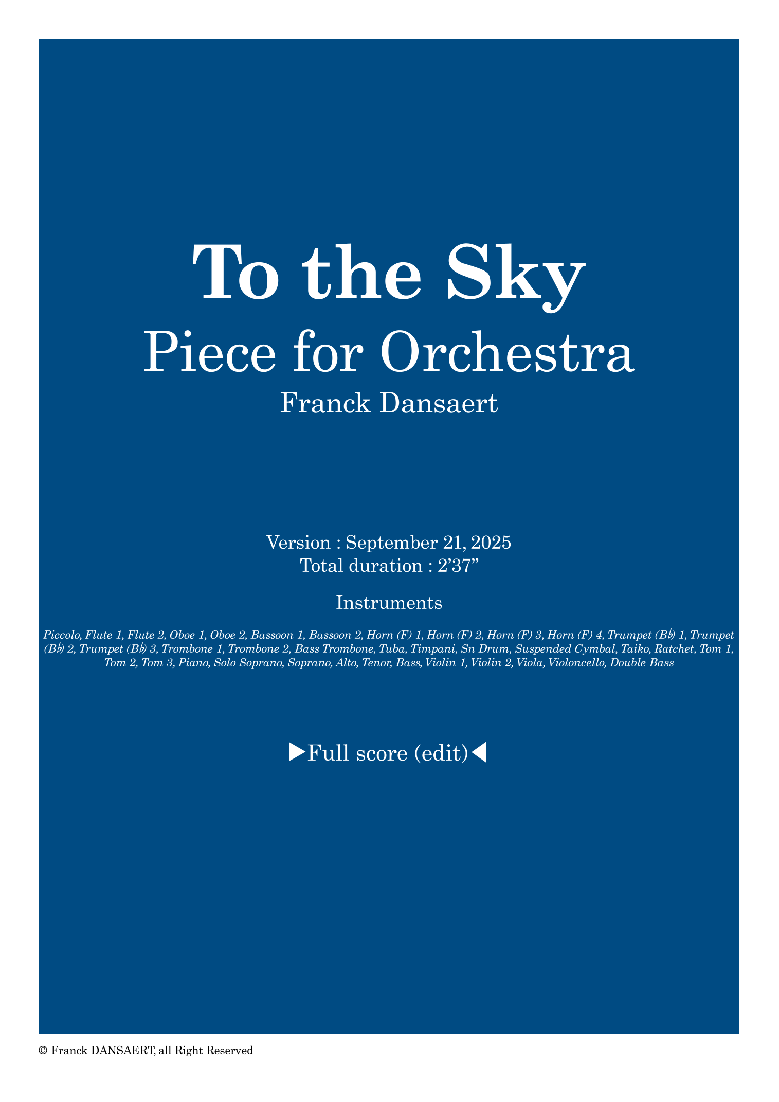 To the Sky - Score Only by Franck Dansaert Sheet Music for Full ...