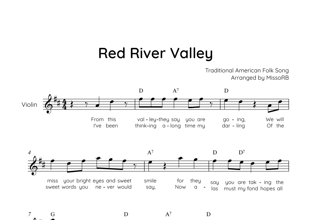 Red River Valley - Violin in D With Chords & Lyric - Easy (arr. MissoRB ...
