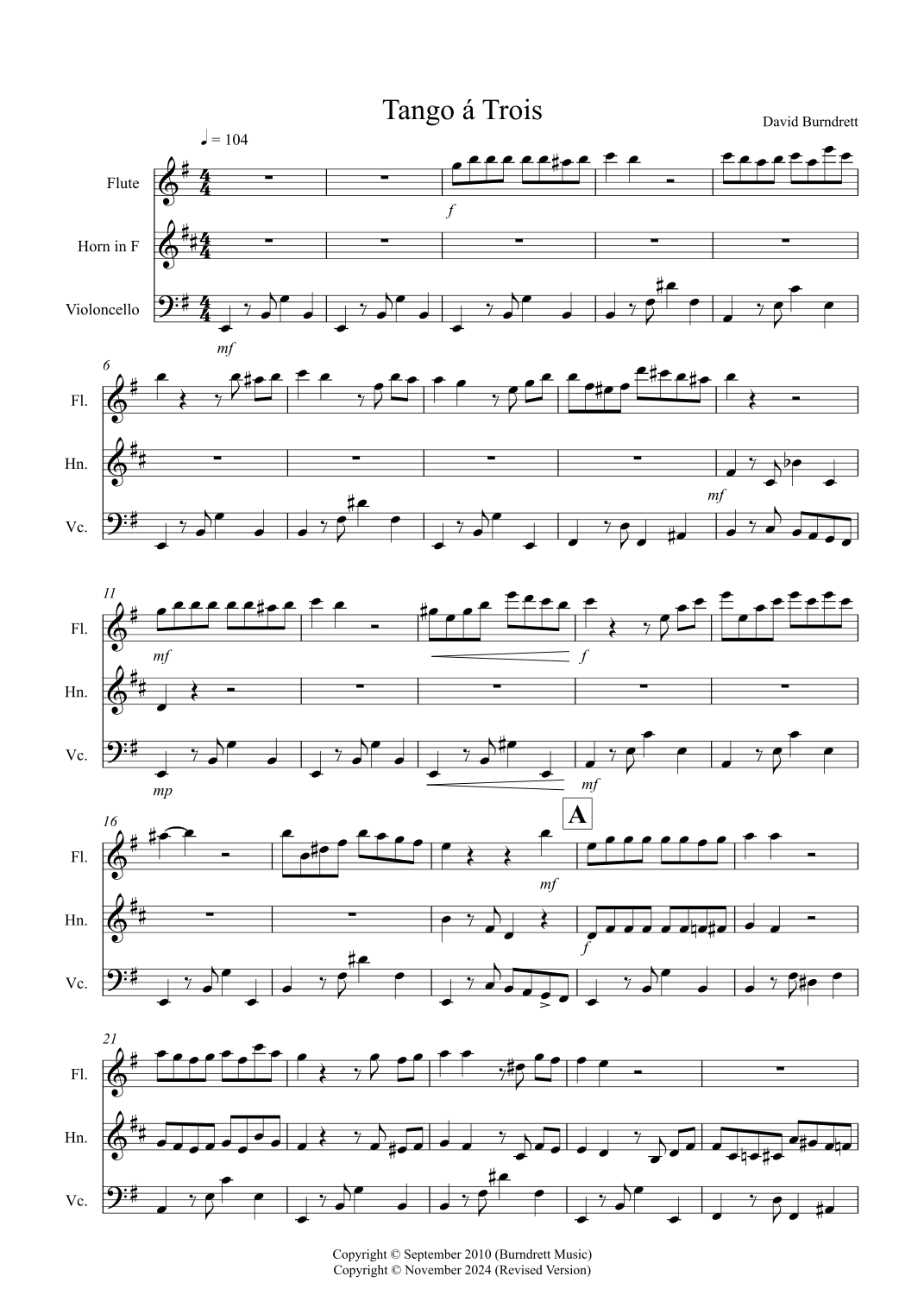 Tango a Trios for Flute, Horn and Cello Trio by David Burndrett Sheet ...