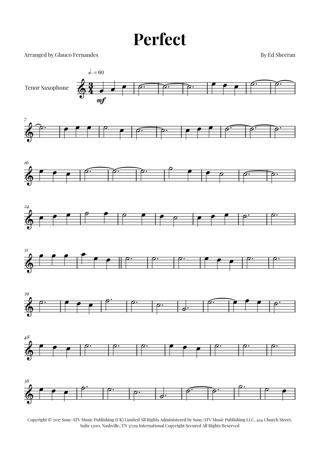 Perfect (arr. Glauco Fernandes) by Ed Sheeran Sheet Music for Tenor Sax ...