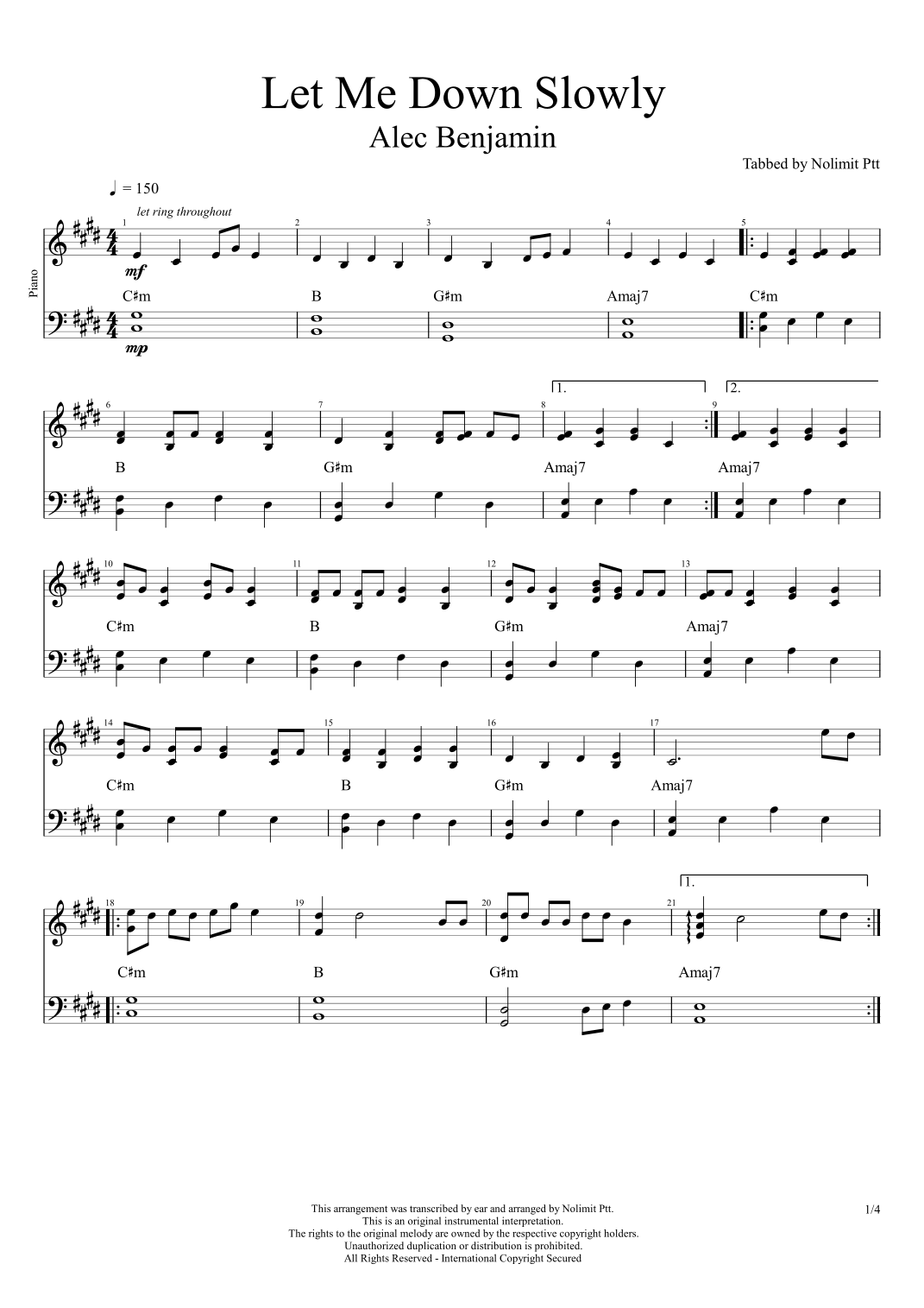 LET ME DOWN SLOWLY PAR ÄLEC BENJAMIN PARTITIONS POUR PIANO SOLO SUR ...