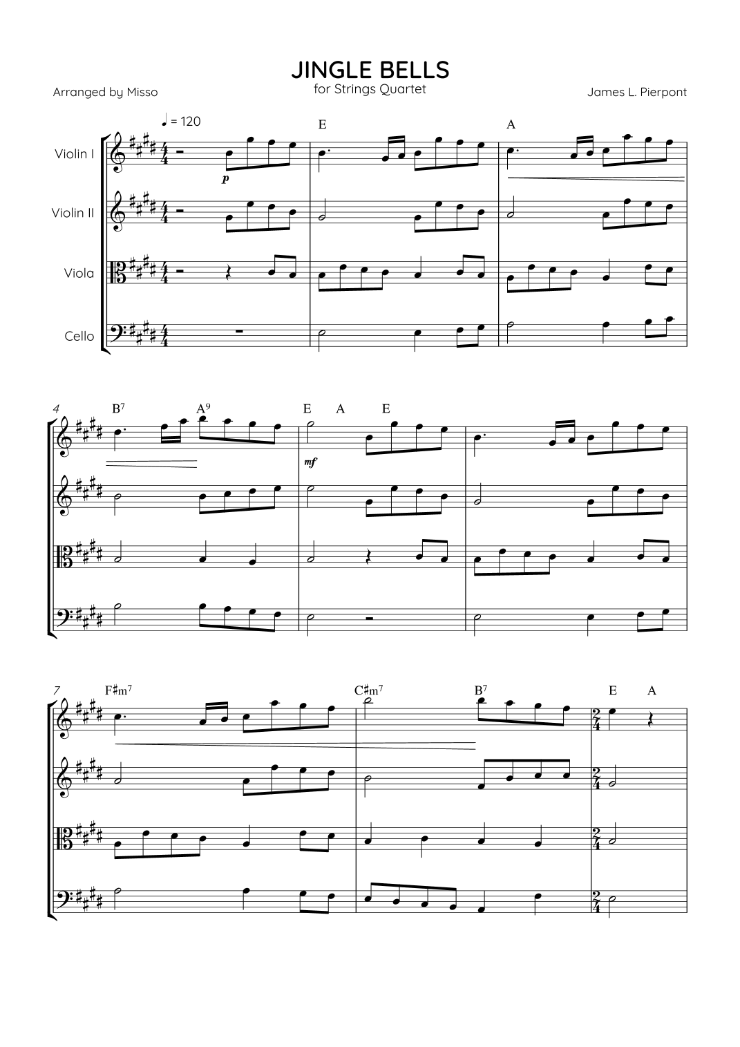 Jingle Bells - Strings Quartet in E Major - Intermediate With Chords ...