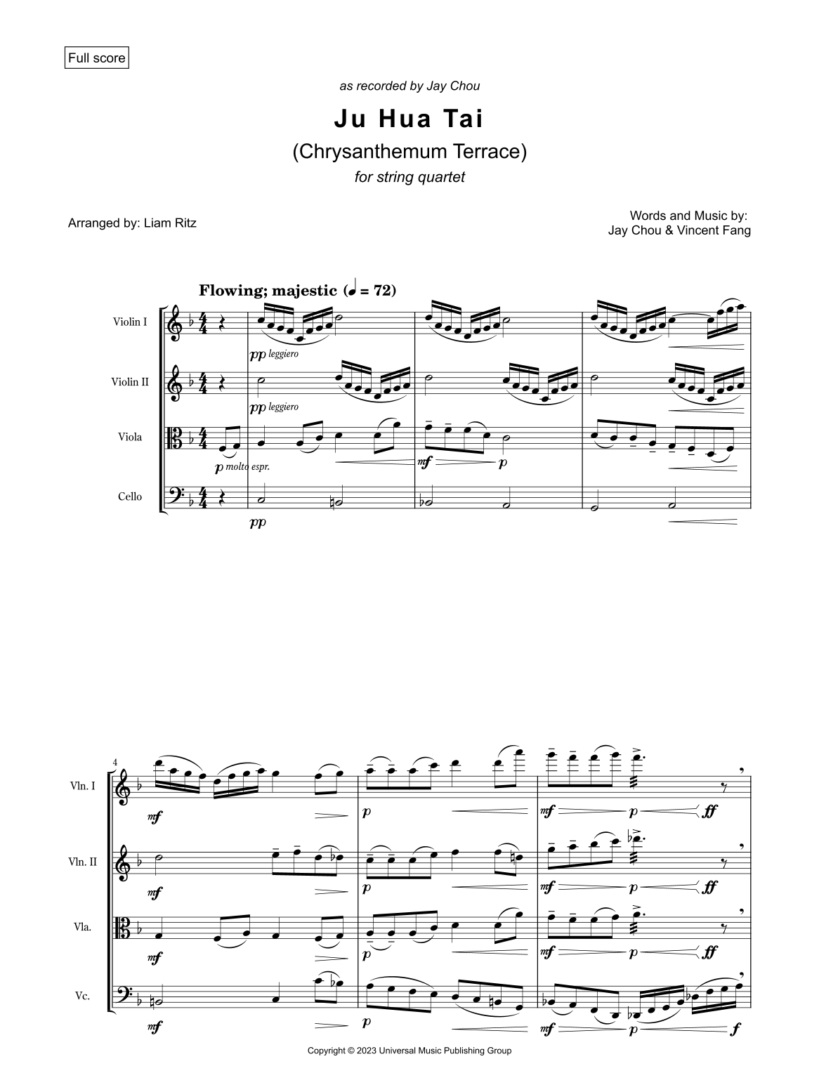 Ju Hua Tai (arr. Liam Ritz) by Jay Zhou Sheet Music for String Quartet ...