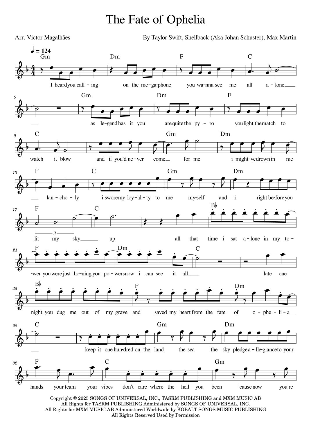 The Fate Of Ophelia (arr. Victor Magalhães by Taylor Swift Sheet Music ...