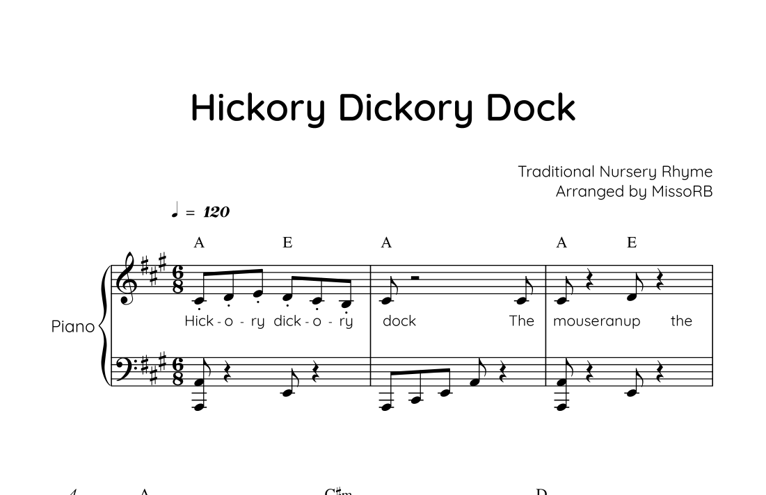 Hickory Dickory Dock - Piano in A With Chords & Lyric - Easy (arr ...