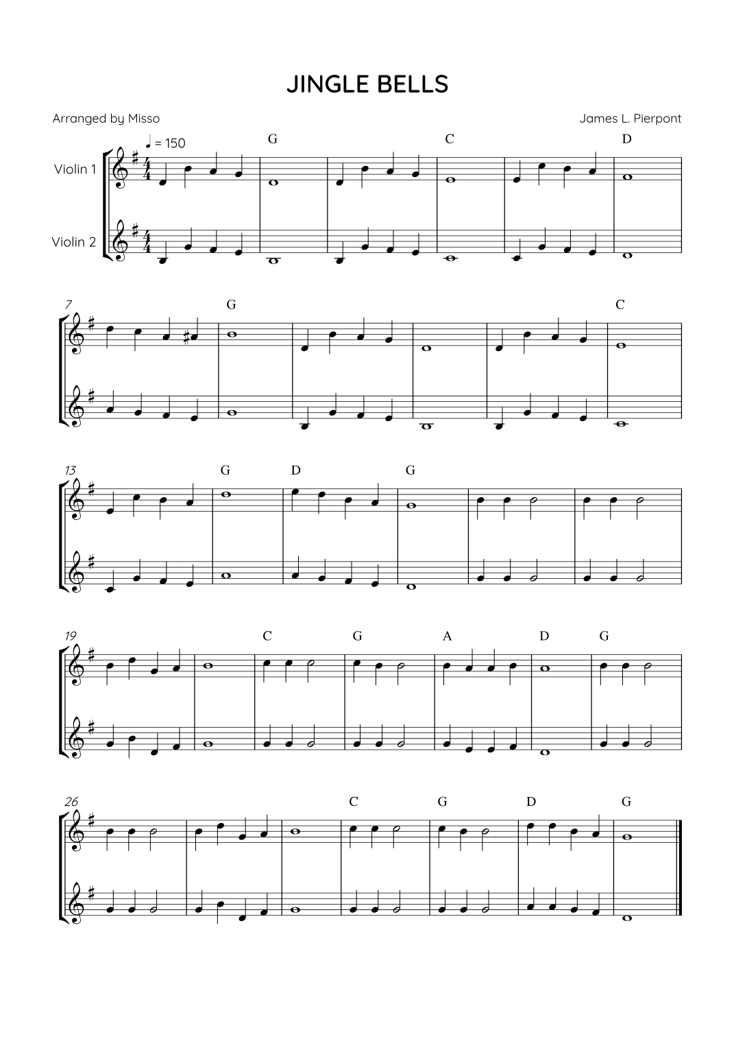 Jingle Bells - Violin Duet in G Major (Beginner With Chords) (arr. MissoRB) por James L ...