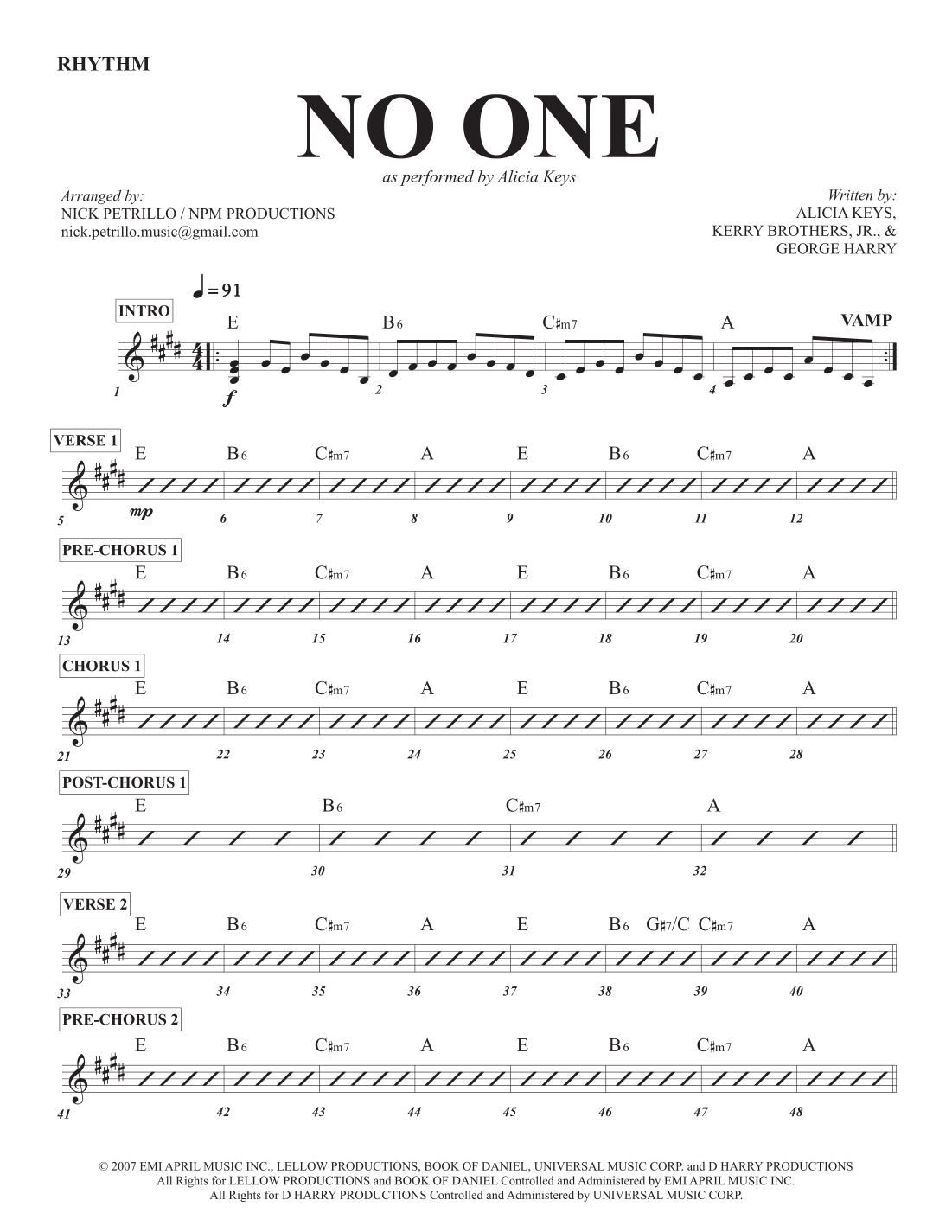 No One (arr. Nick Petrillo) by Alicia Keys Sheet Music for Lead Sheet ...