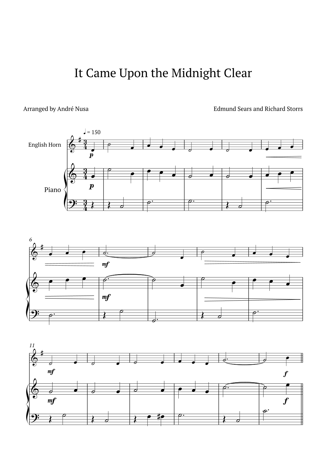 It Came Upon the Midnight Clear (arr. André Nusa by Edmund Sears Sheet ...