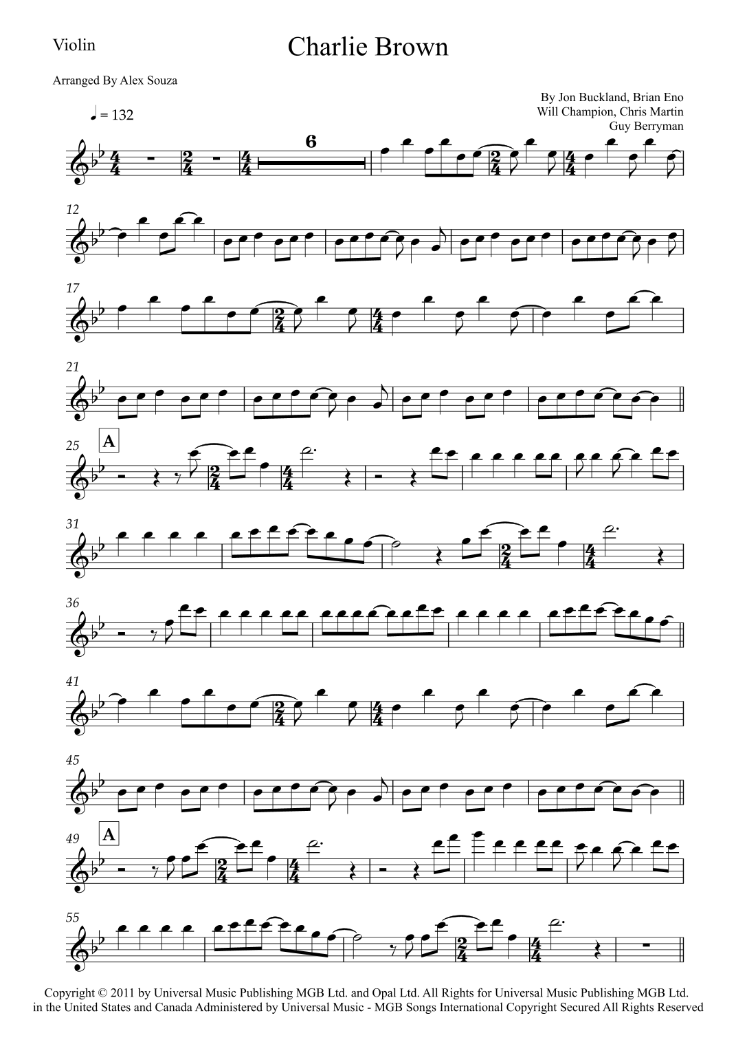 Charlie Brown (arr. Alex Souza) von Coldplay Noten zum Violine solo bei ...