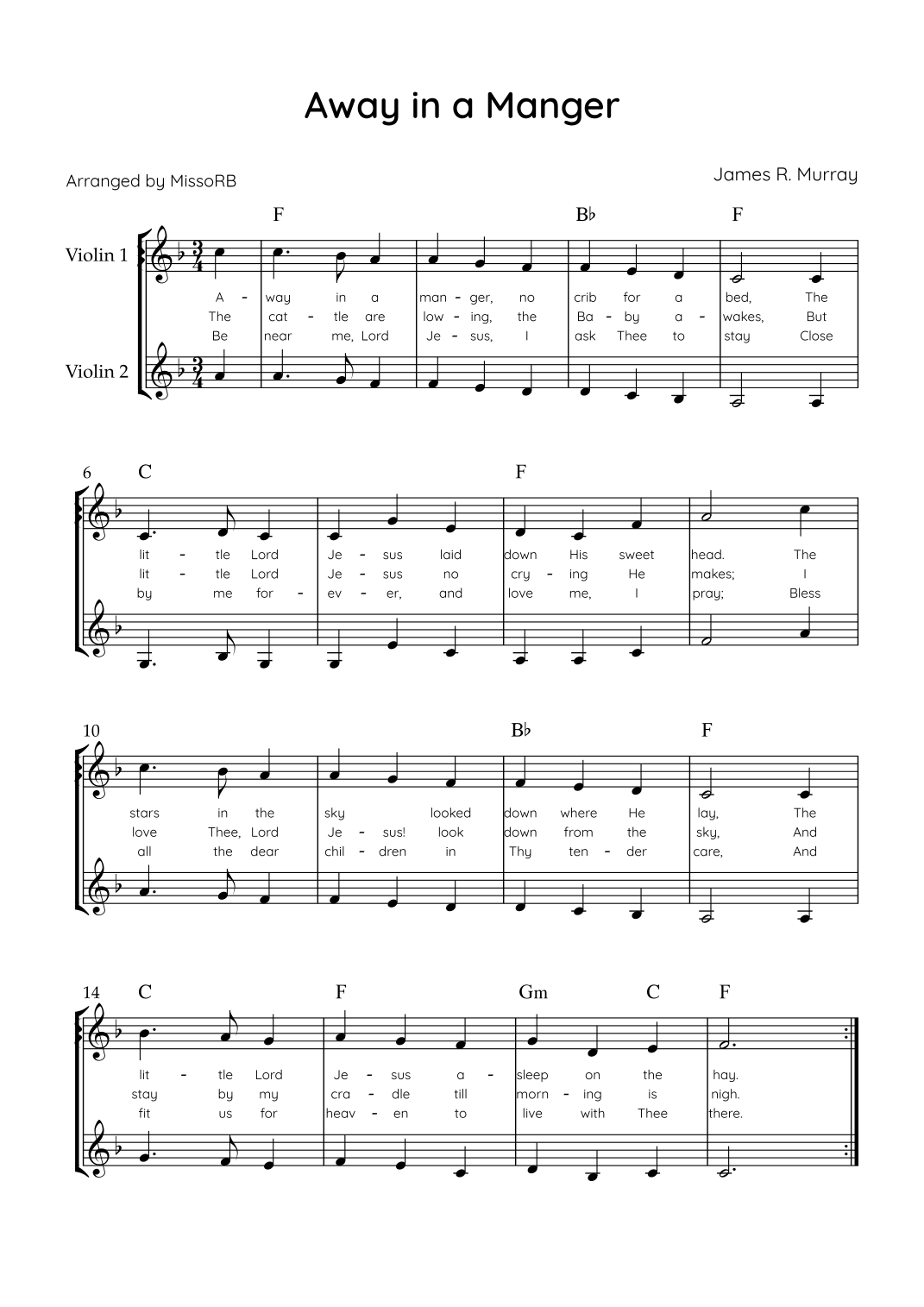 Away in a Manger - Violin Duet in F Major With Chords & Lyrics - Easy ...