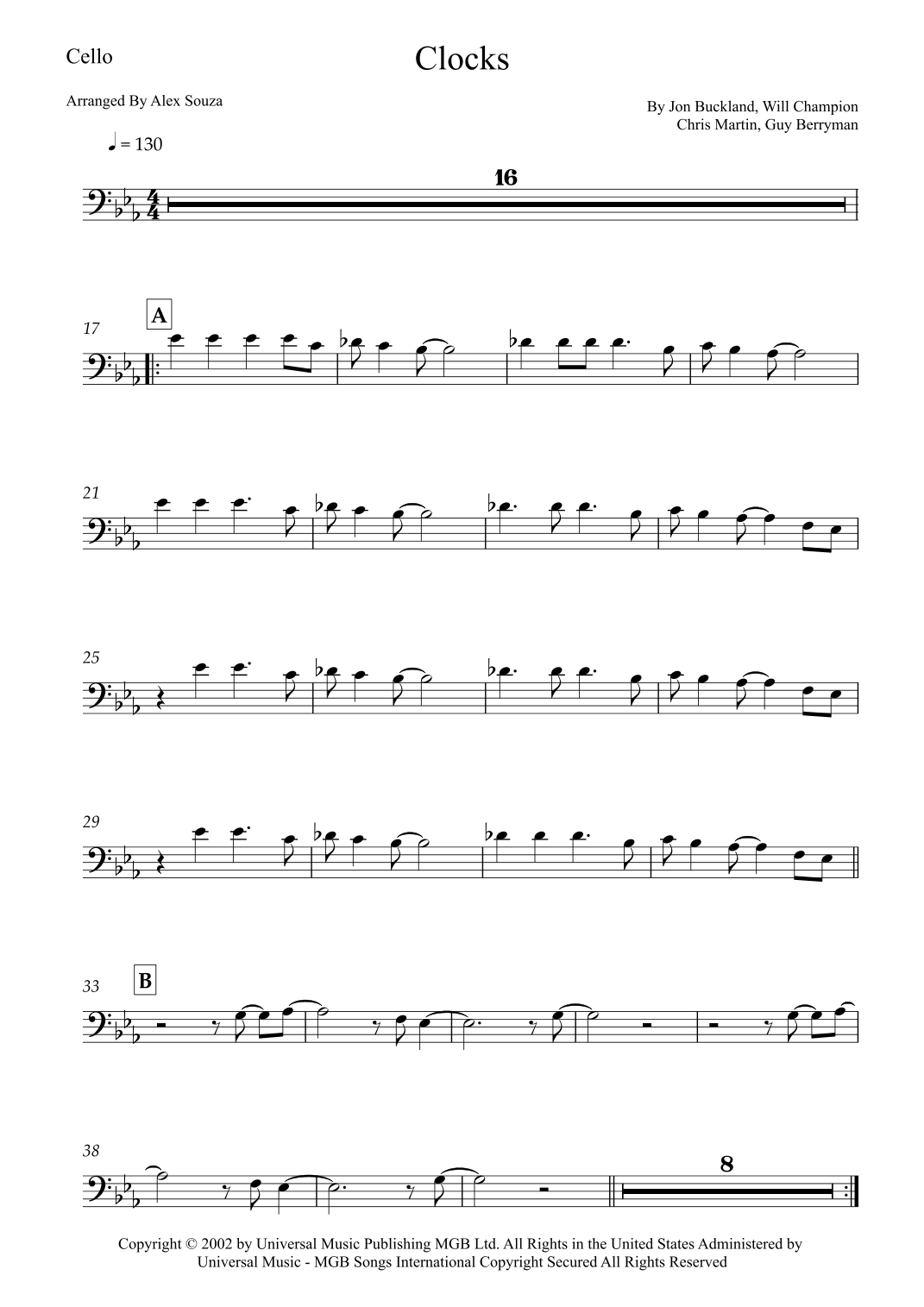 Clocks (arr. Alex Souza) by Coldplay Sheet Music for Cello Solo at ...