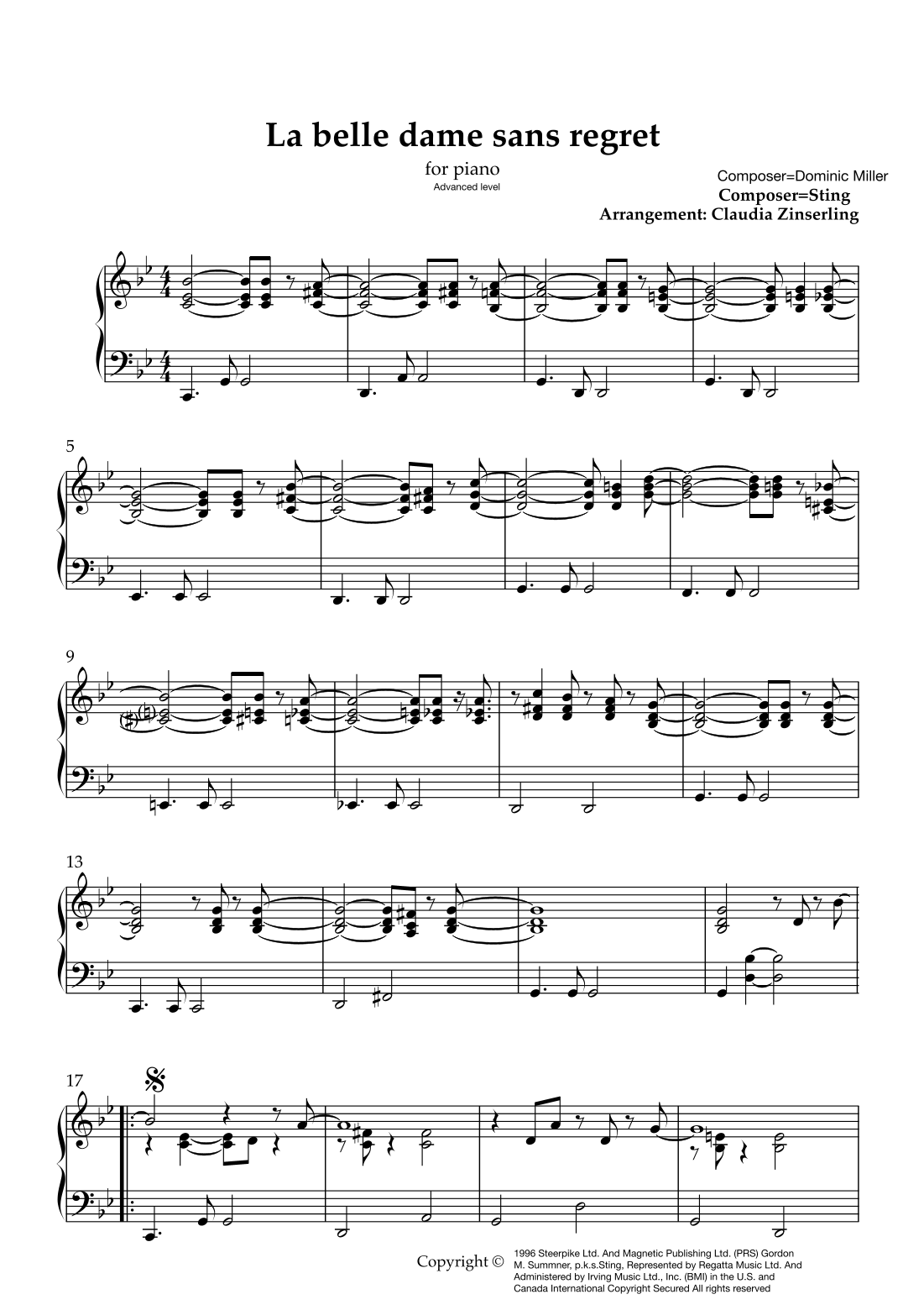 La Belle Dame Sans Regrets (arr. Claudia Zinserling) by Sting Sheet ...