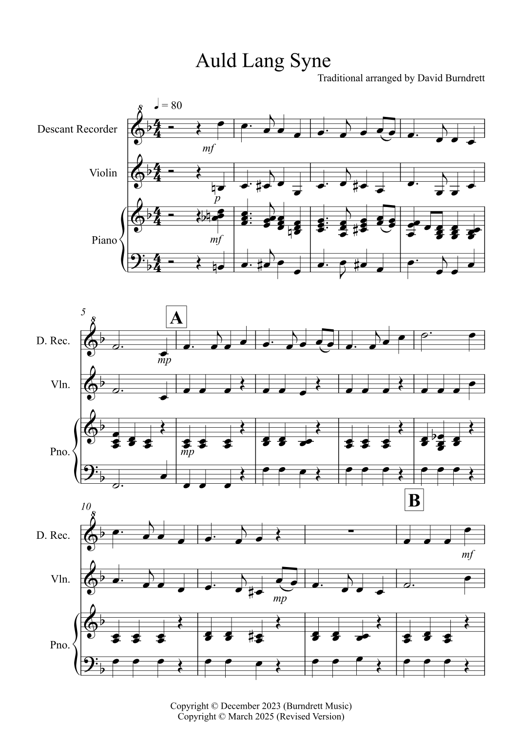 Auld Lang Syne for Descant Recorder and Violin Duet (arr. David ...