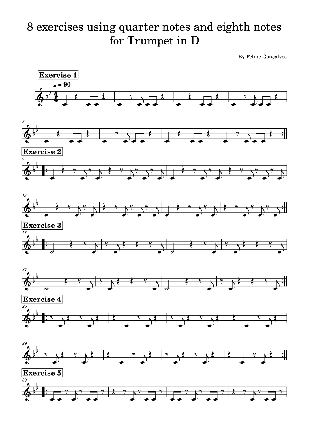 8 exercises using quarter notes and eighth notes for Trumpet in D by ...