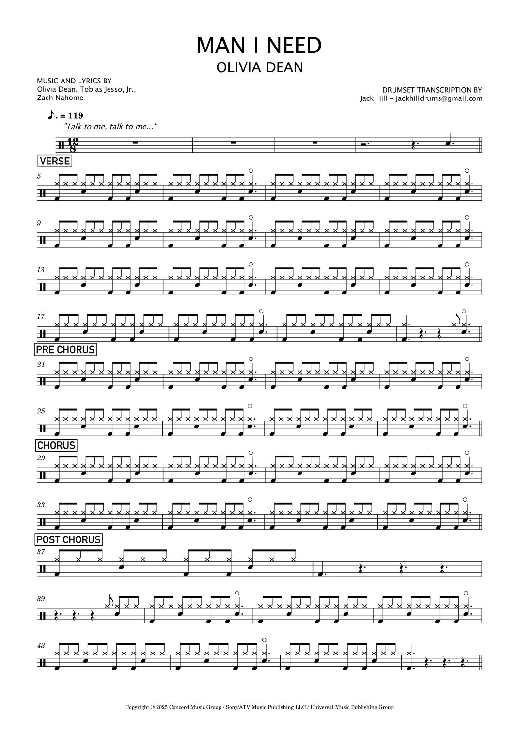 Man I Need (arr. Jack Hill) by Olivia Dean Sheet Music for Drums at ...