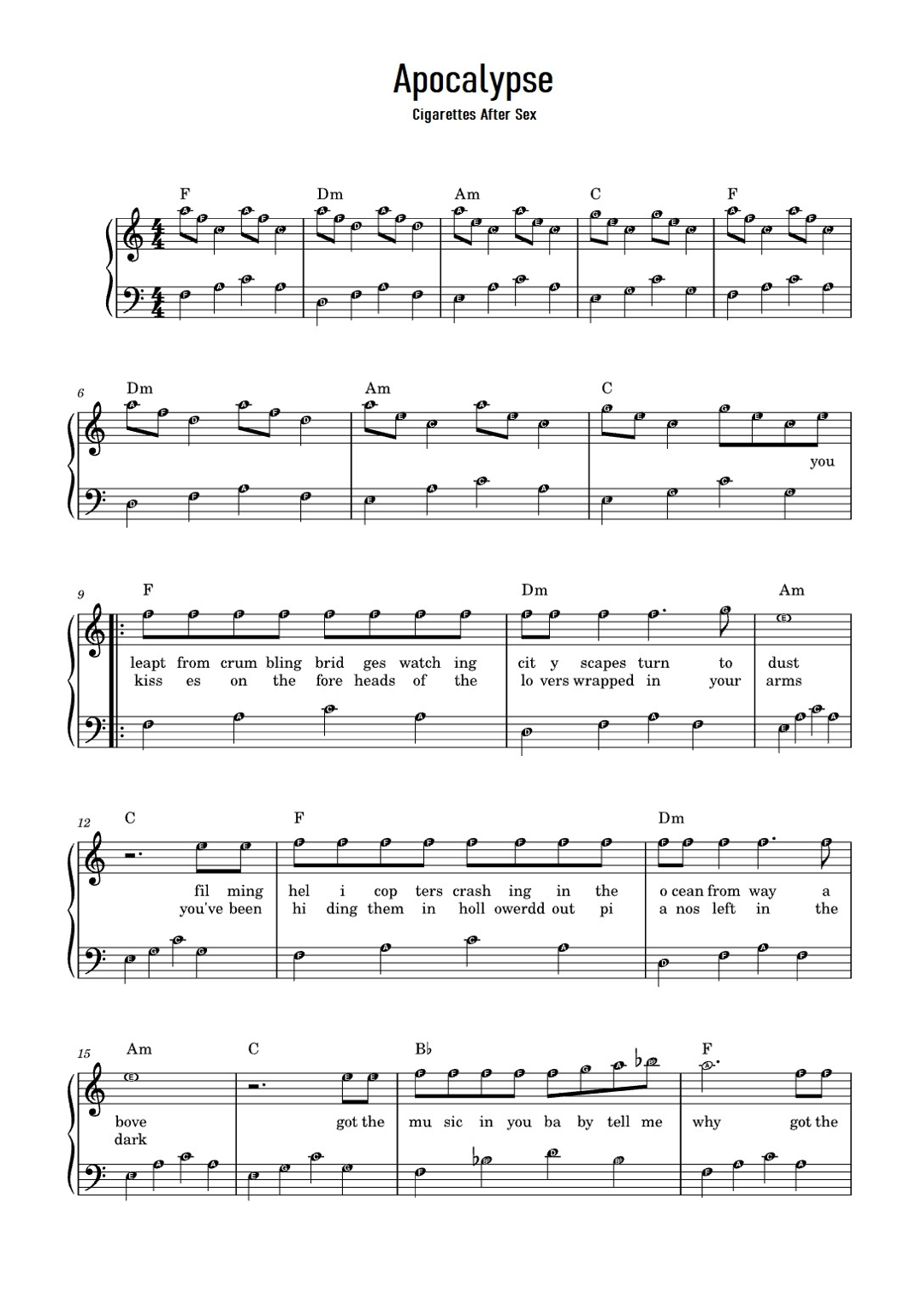 Apocalypse (arr. Unknown) par Cigarettes After Sex Partitions pour ...