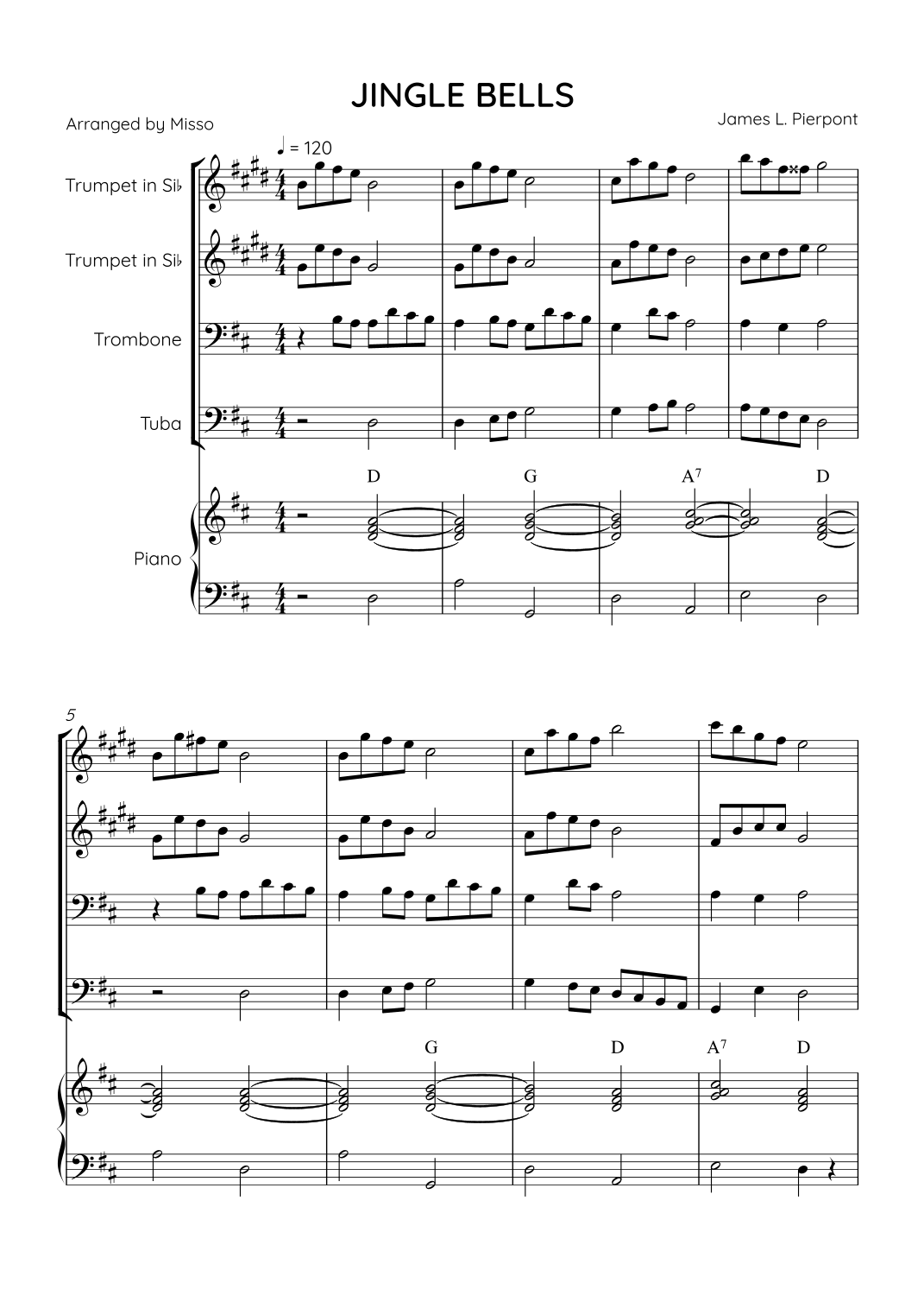 Jingle Bells - Brass Quartet & Piano in D Major - Easy (arr. MissoRB) by James L. Pierpont Sheet ...