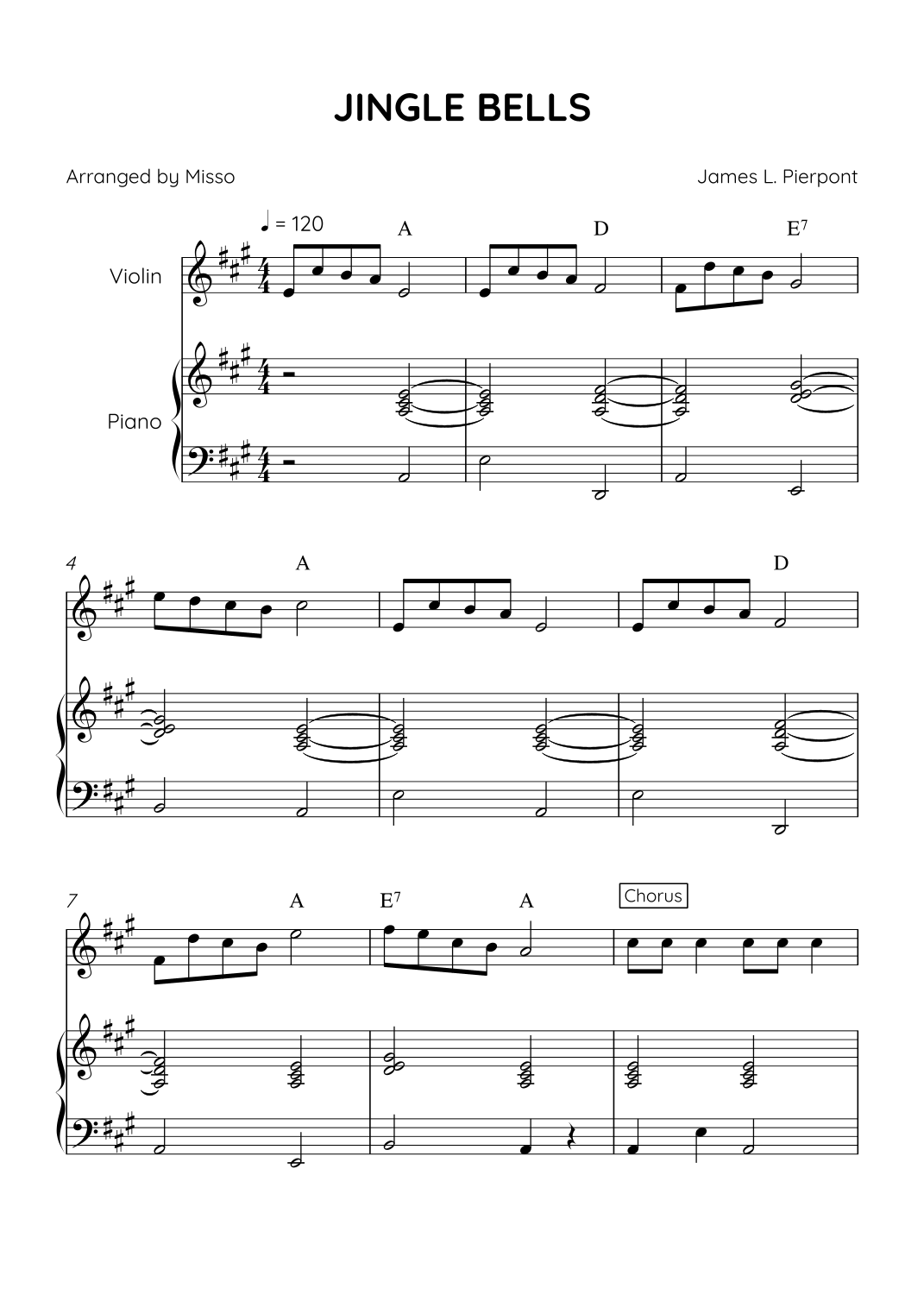 Jingle Bells - Violin & Piano in A Major (Easy With Chords) (arr ...
