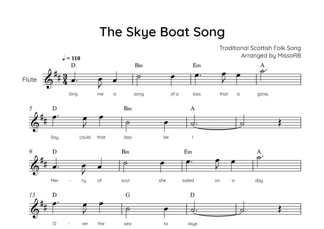 The Skye Boat Song - Flute in D With Chords & Lyric Lead Sheet - Easy ...