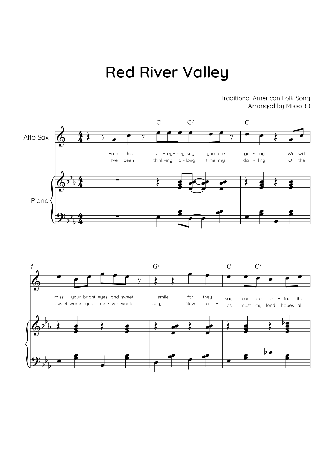 Red River Valley - Alto Sax & Piano in Eb With Chords & Lyric - Easy ...