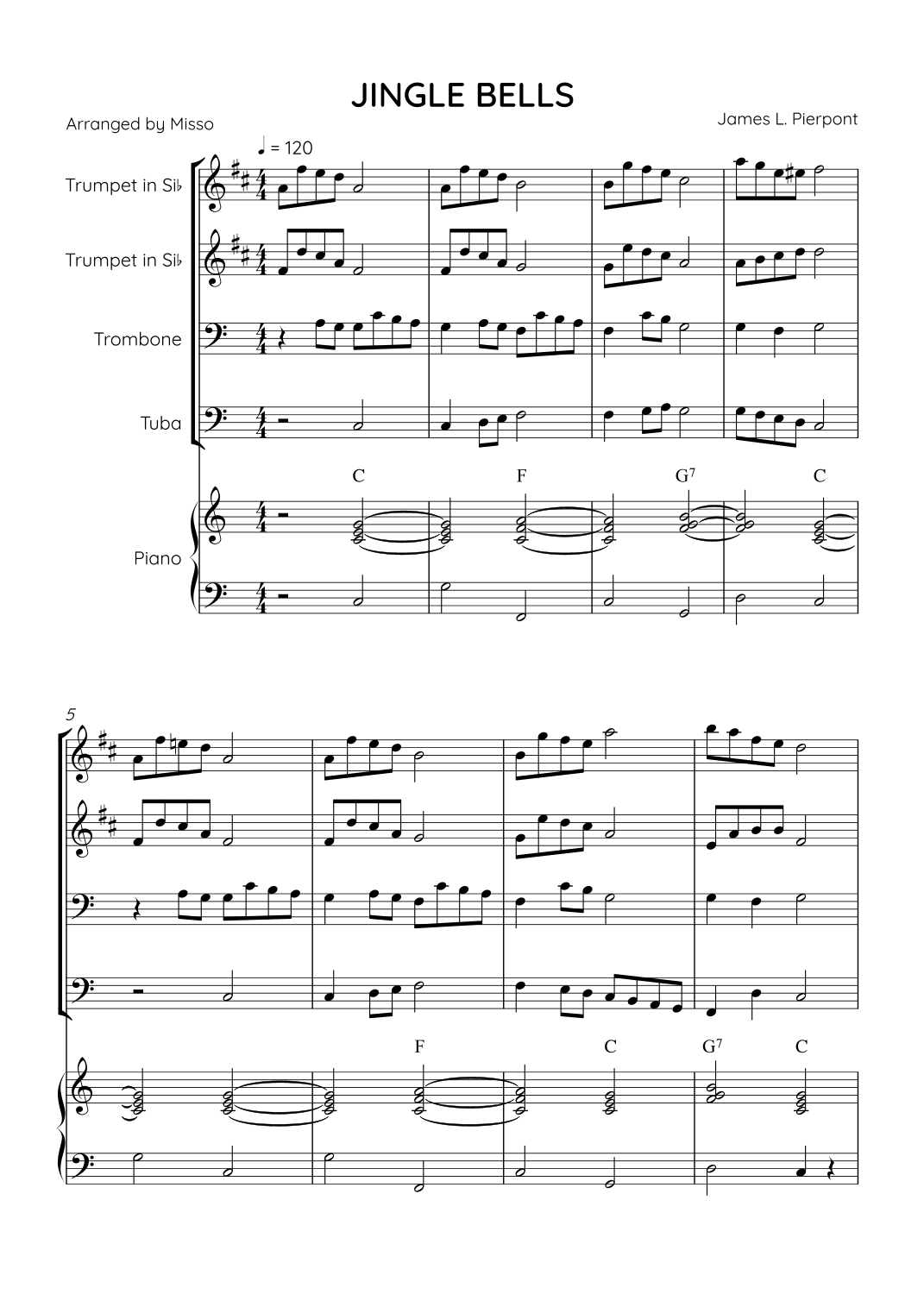 Jingle Bells - Brass Quartet & Piano in C Major - Easy (arr. MissoRB) by James L. Pierpont Sheet ...