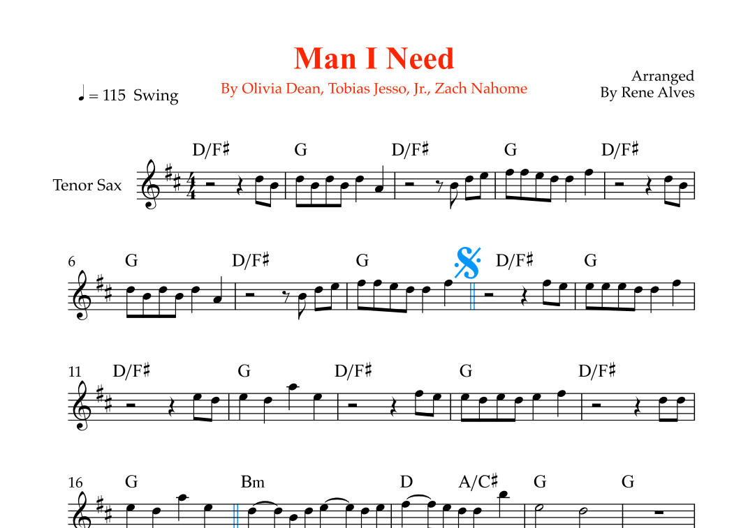 Man I Need (arr. Rene Alves by Olivia Dean Sheet Music for Tenor Sax ...