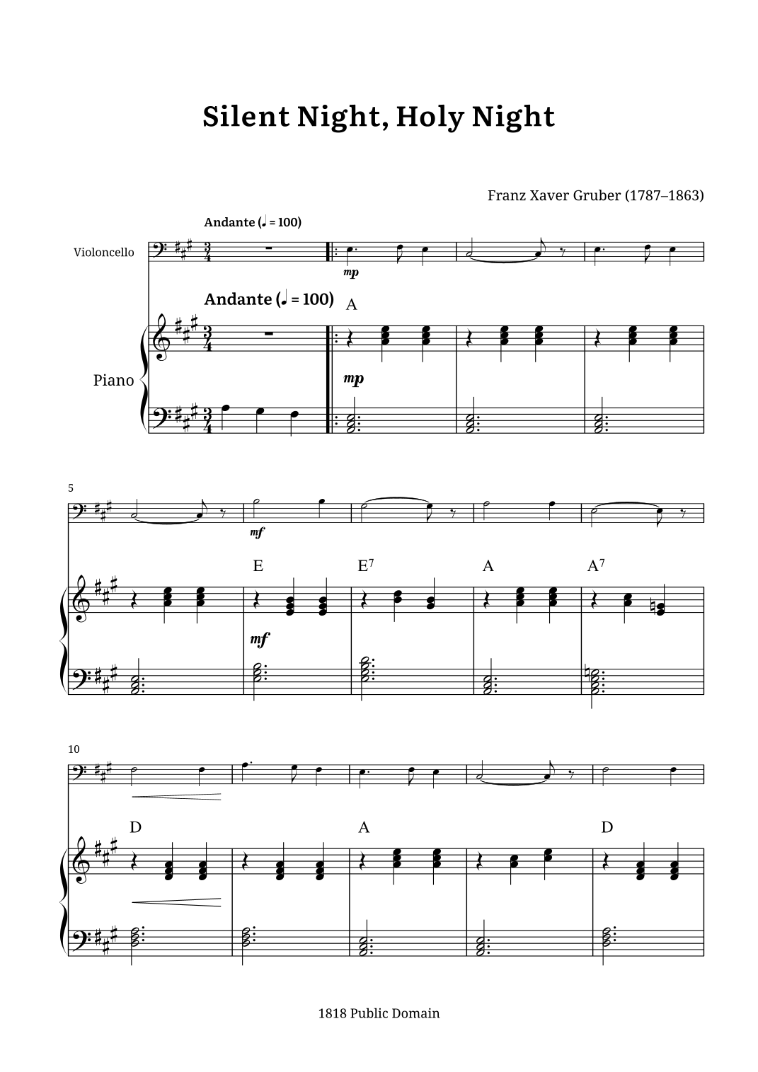 Silent Night, Holy Night – Cello and Piano (A major, with Chord Symbols ...