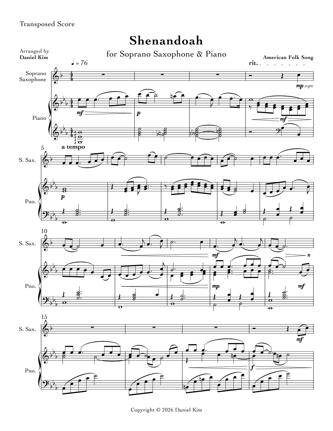 Shenandoah (Soprano Sax & Piano) (arr. Daniel Kim) by American Folk ...