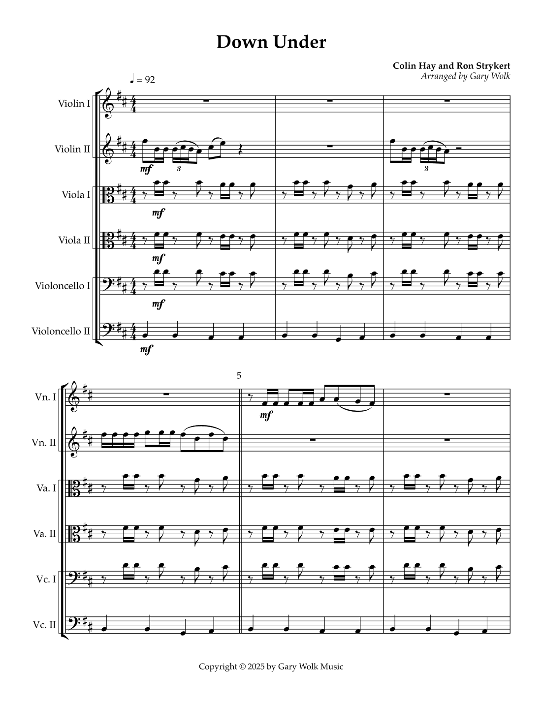 Down Under (arr. Gary Wolk) by Men At Work Sheet Music for String ...