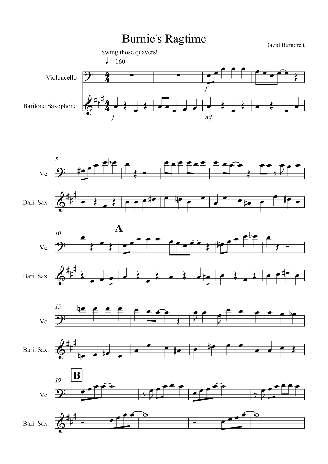 Burnie's Ragtime for Cello and Baritone Saxophone Duet by David ...