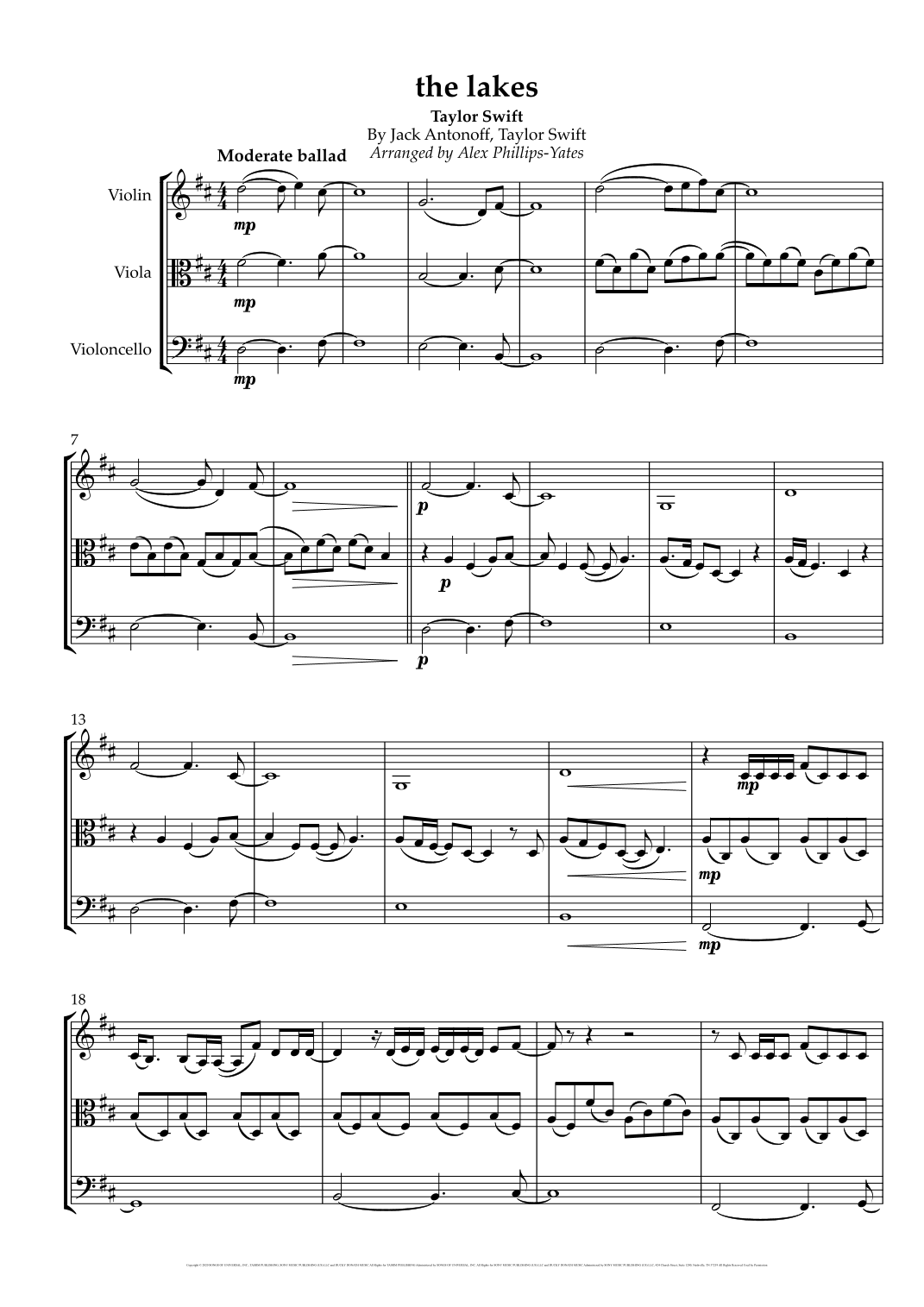 The Lakes (arr. Alex Phillips-Yates) by Taylor Swift Sheet Music for ...