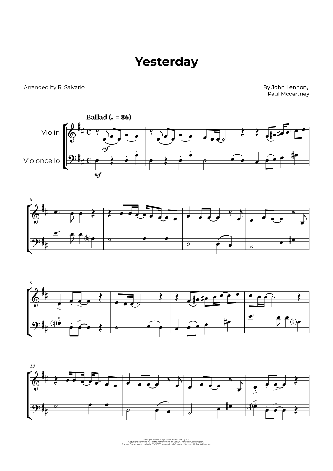 YESTERDAY (ARR. R. SALVARIO) POR THE BEATLES PARTITURAS PARA DUETO ...