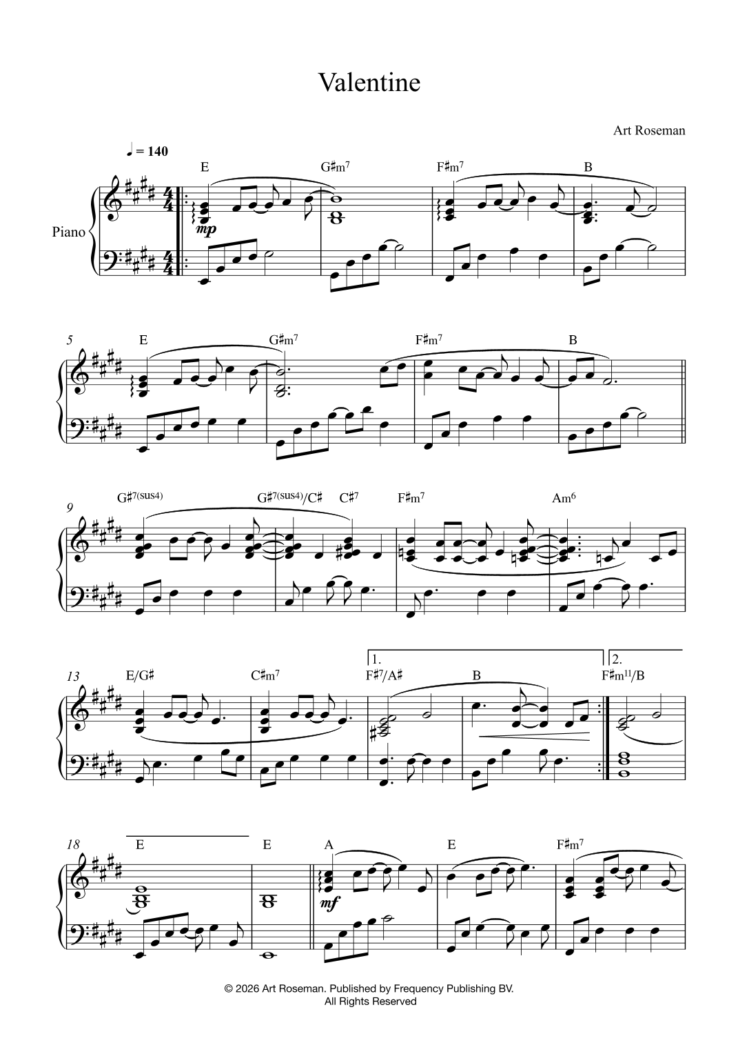 Valentine - Romantic Piano Solo by Art Roseman Sheet Music for Piano ...